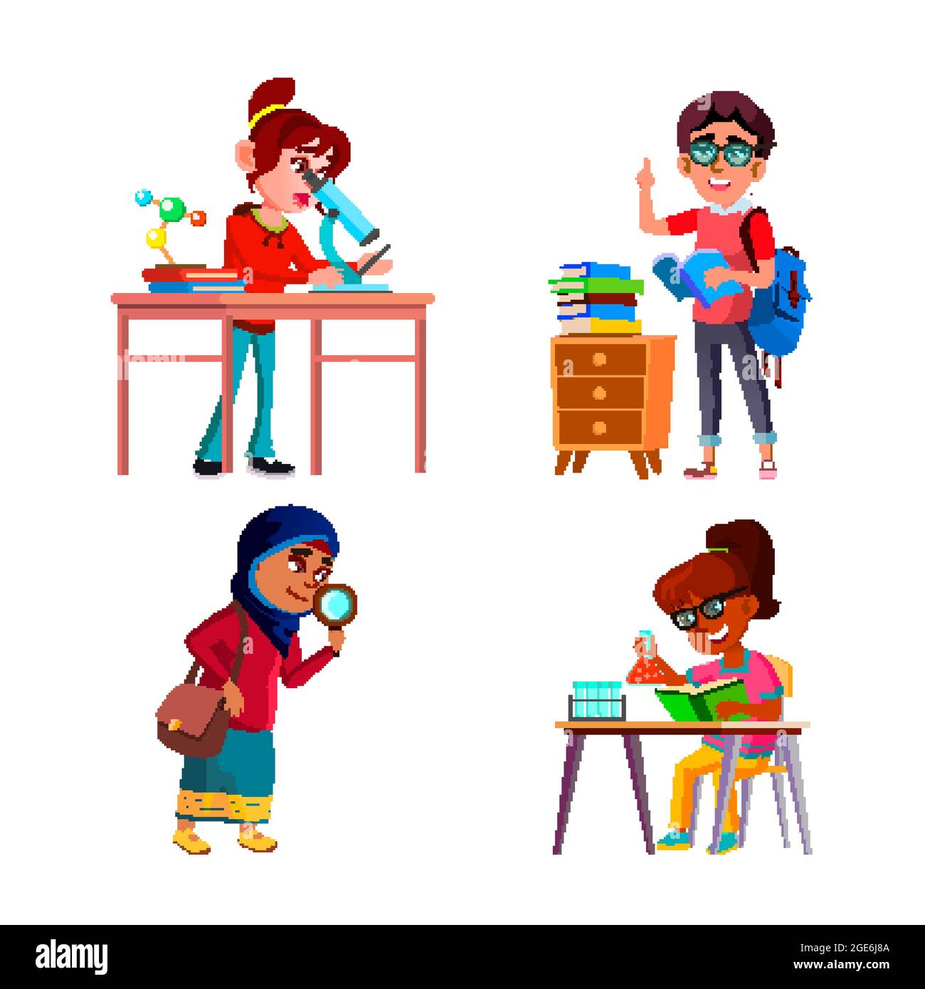 School Girls Scientist Researching Set Vector Stock Vector Image & Art ...
