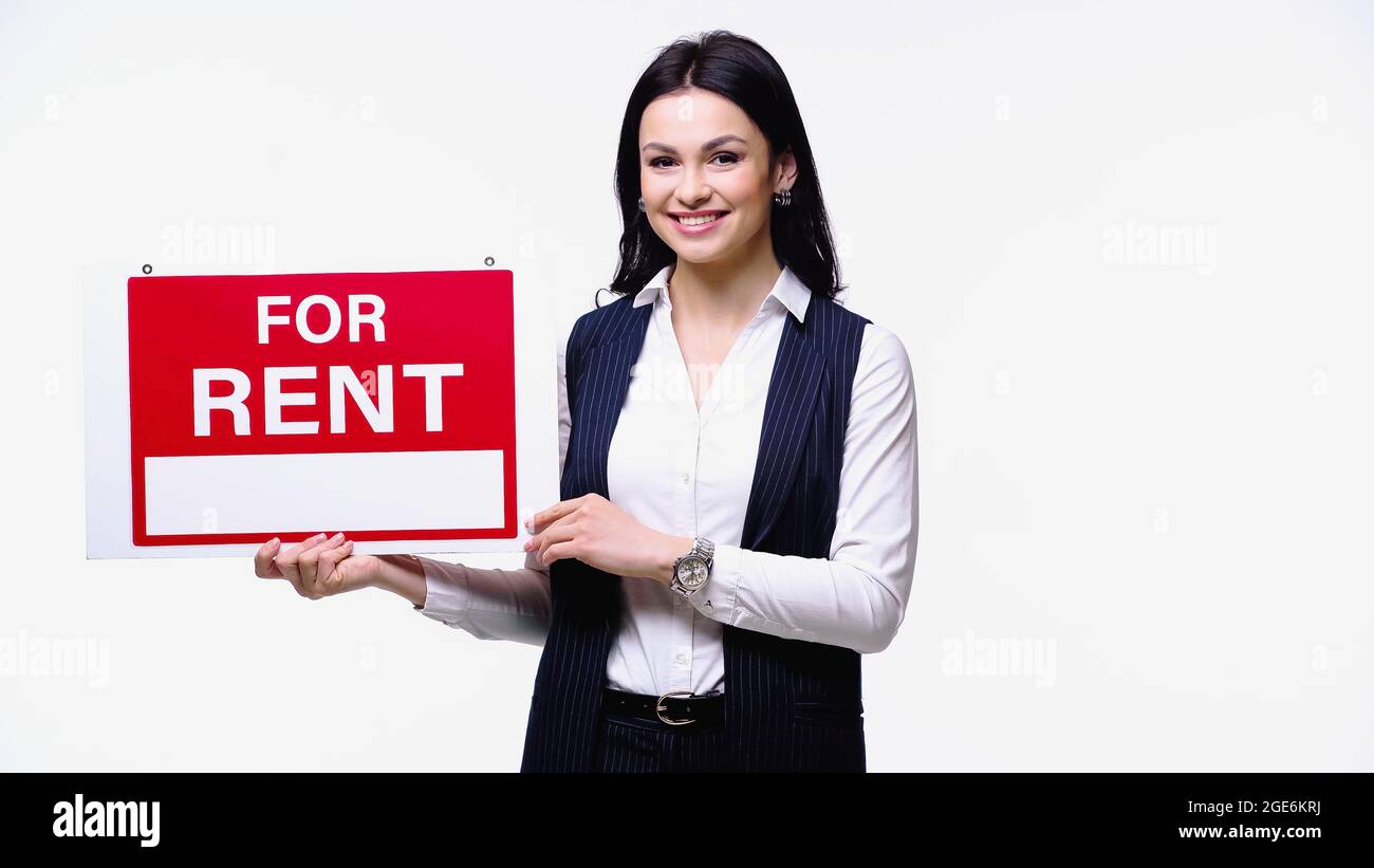 Real estate agent holding signboard with for rent lettering isolated on ...