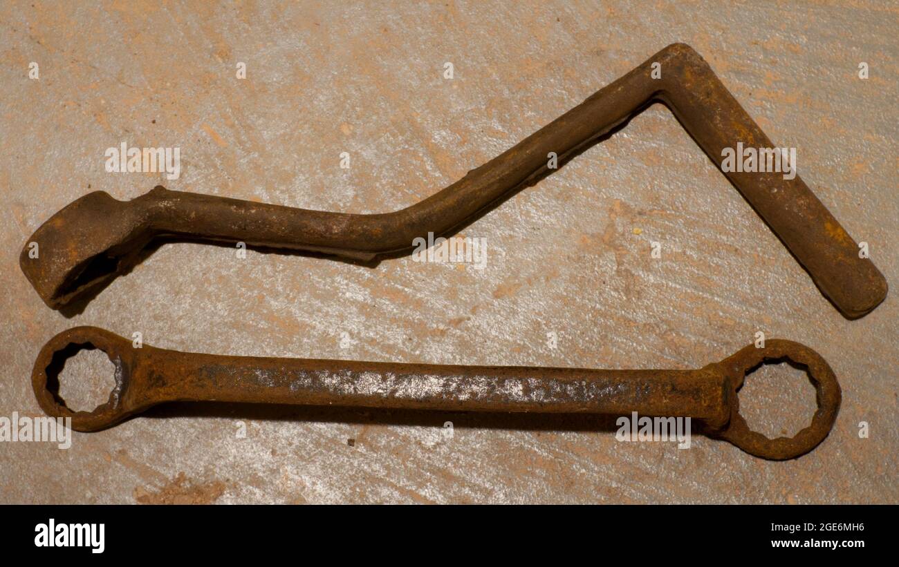 An Overhead View of Antique Wrenches Stock Photo - Alamy