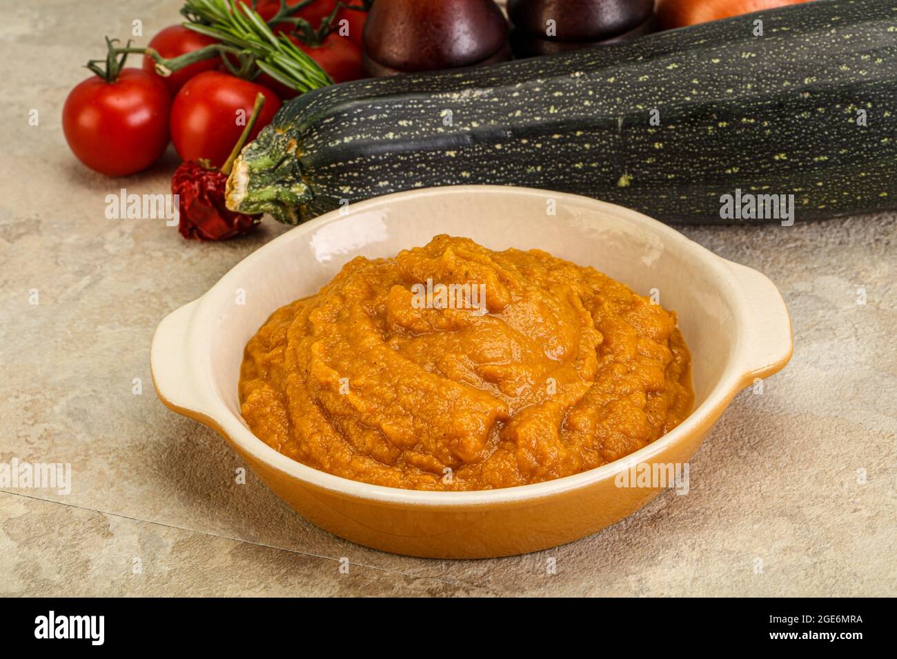 Vegetarian cuisine - Zucchini puree with herbs and spices Stock Photo ...