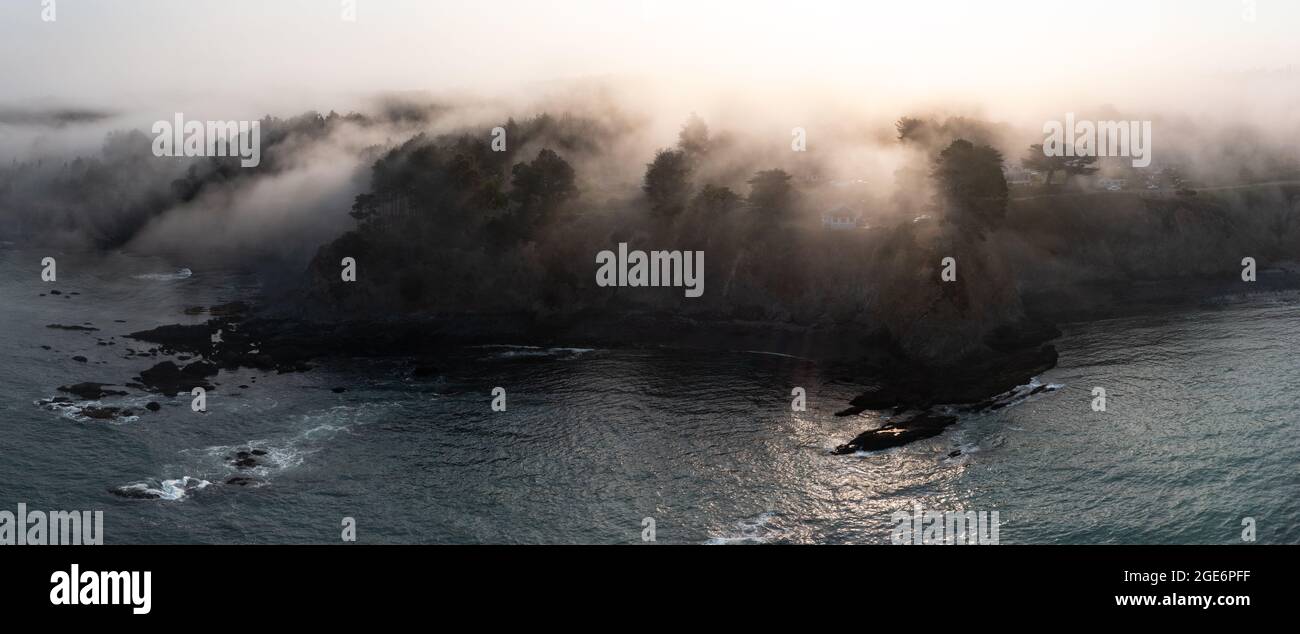 Morning sunlight filters through the coastal marine layer in Mendocino ...