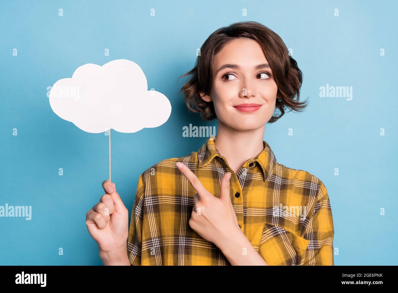 Photo of dream lady hold cloud stick direct finger empty space wear ...