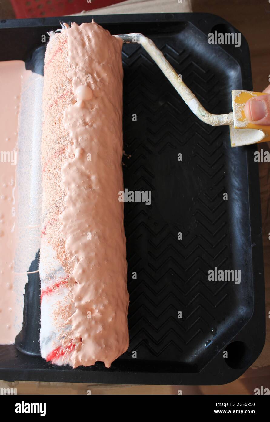 Preparing to paint the wall with brush, paint and roller brush. Top ...