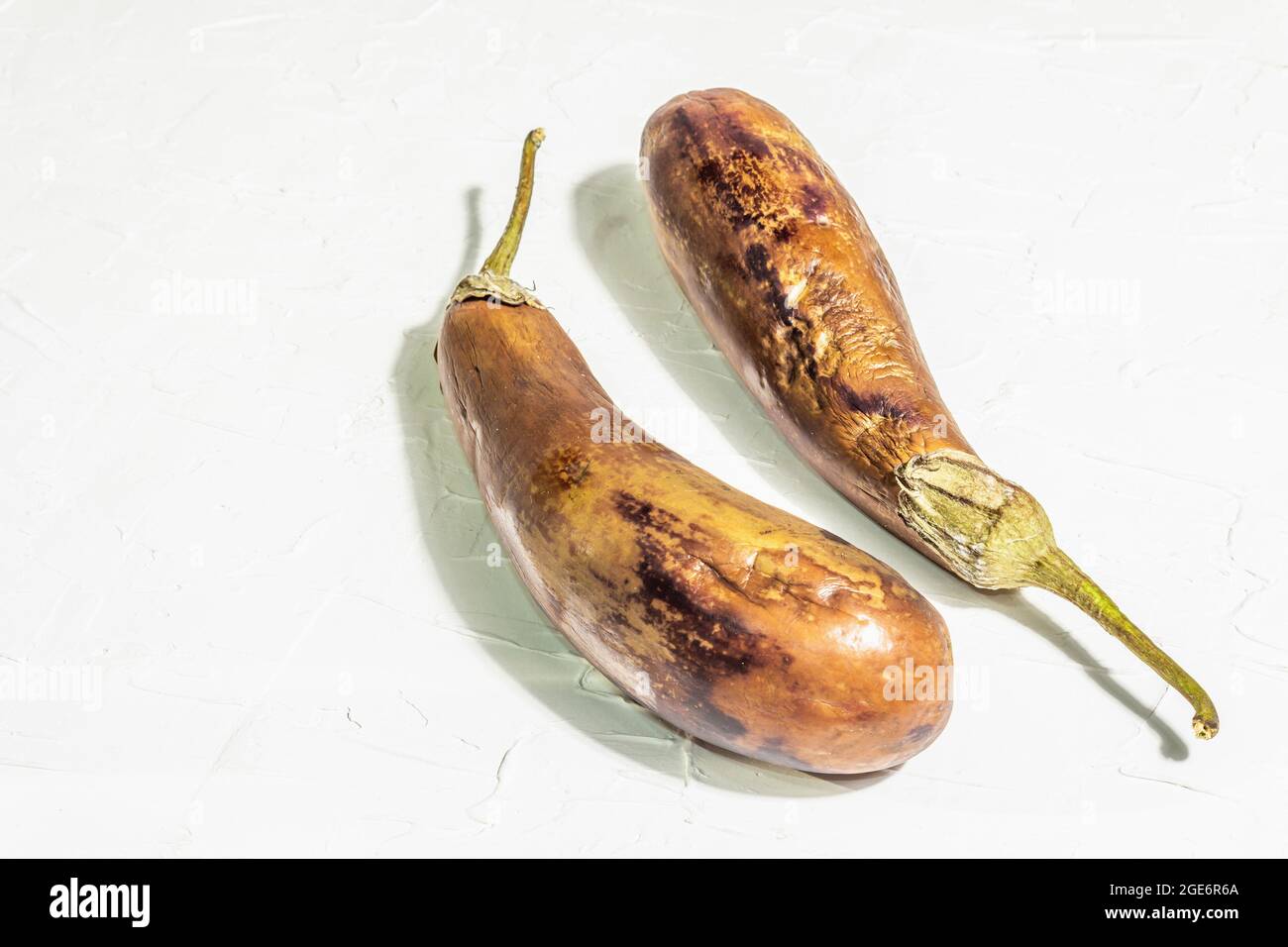 Decayed, rotten eggplant. Old vegetables with mold. Hard light, dark ...