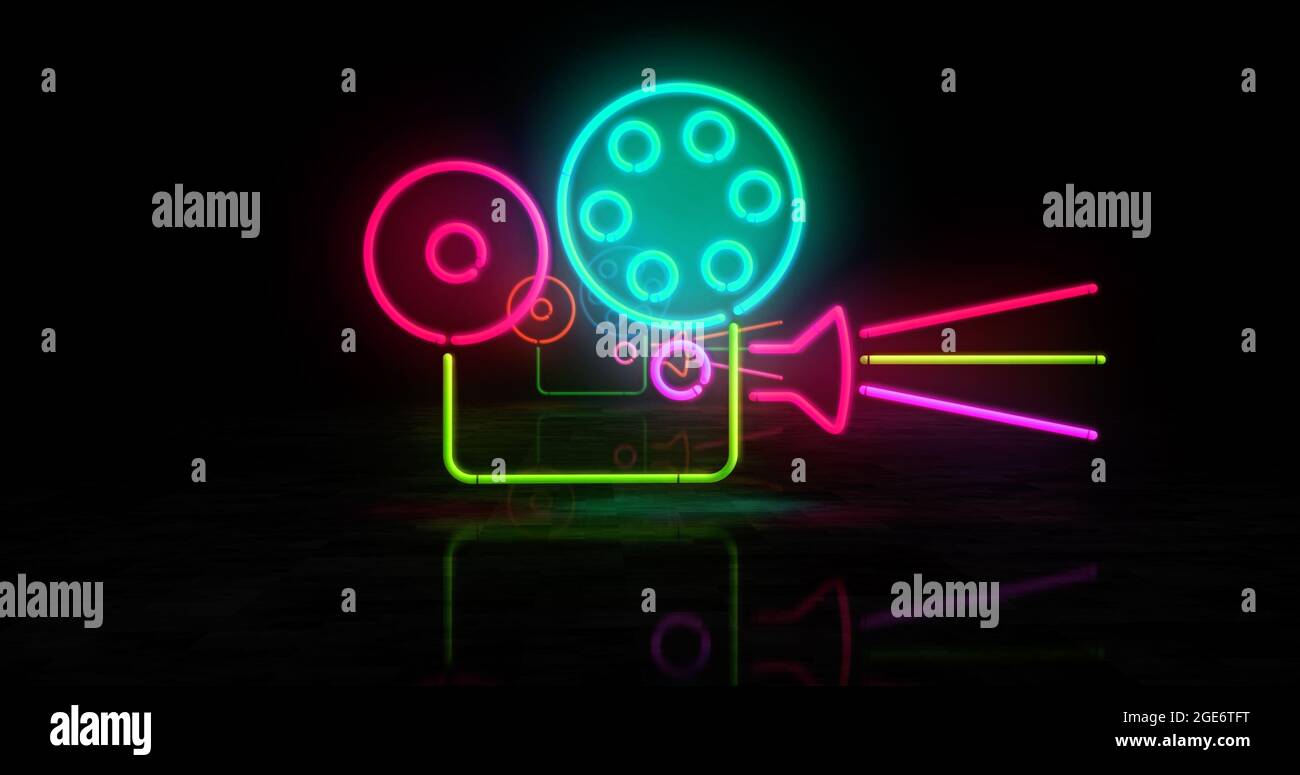 Cinema neon symbol. Movie projector, film, video camera, multimedia and ...