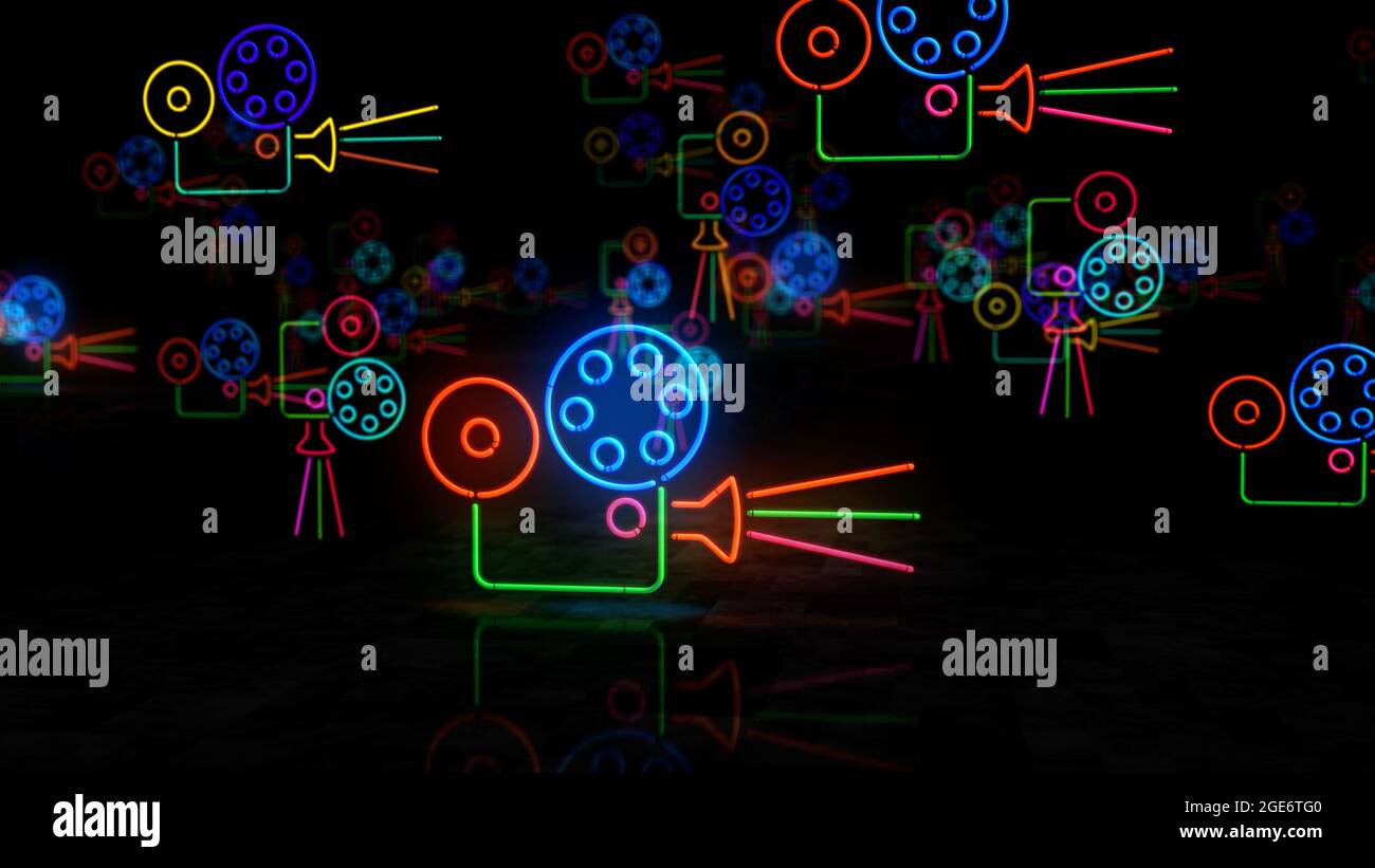 Cinema neon symbol. Movie projector, film, video camera, multimedia and ...