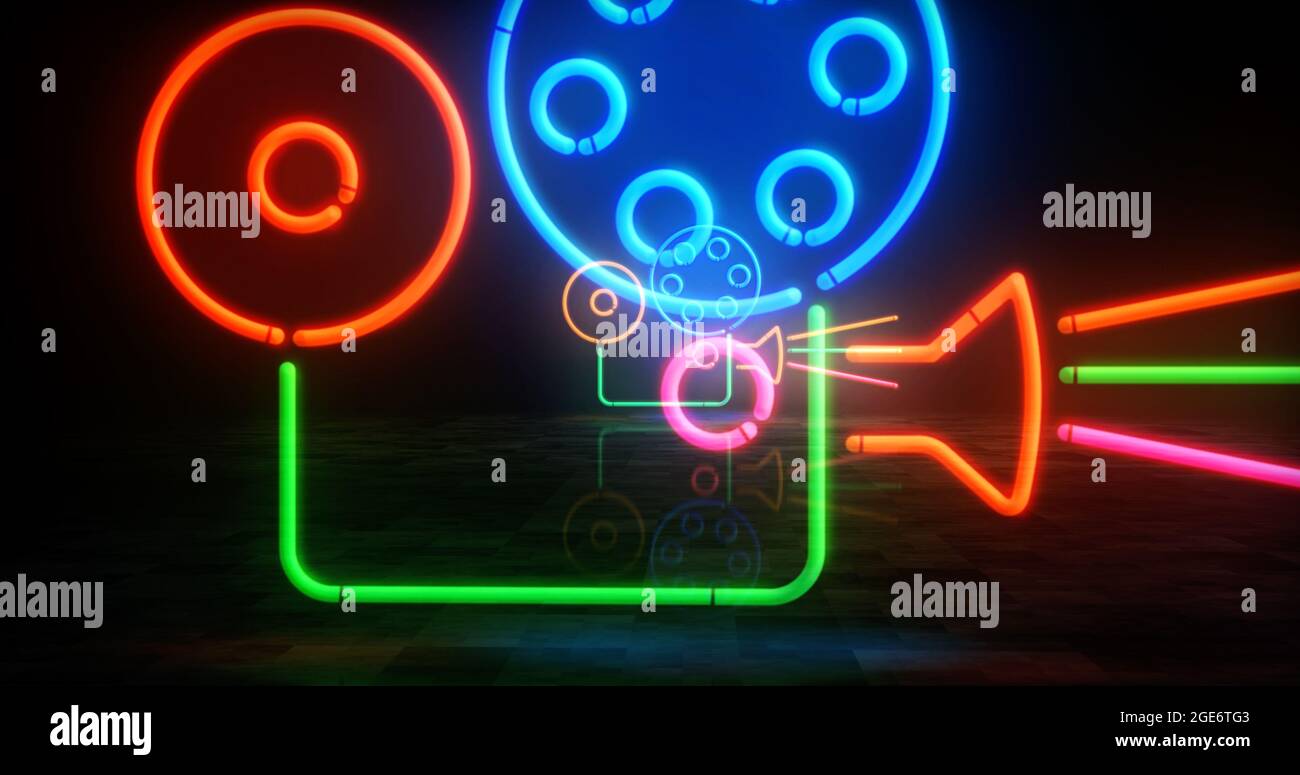 Cinema neon symbol. Movie projector, film, video camera, multimedia and ...