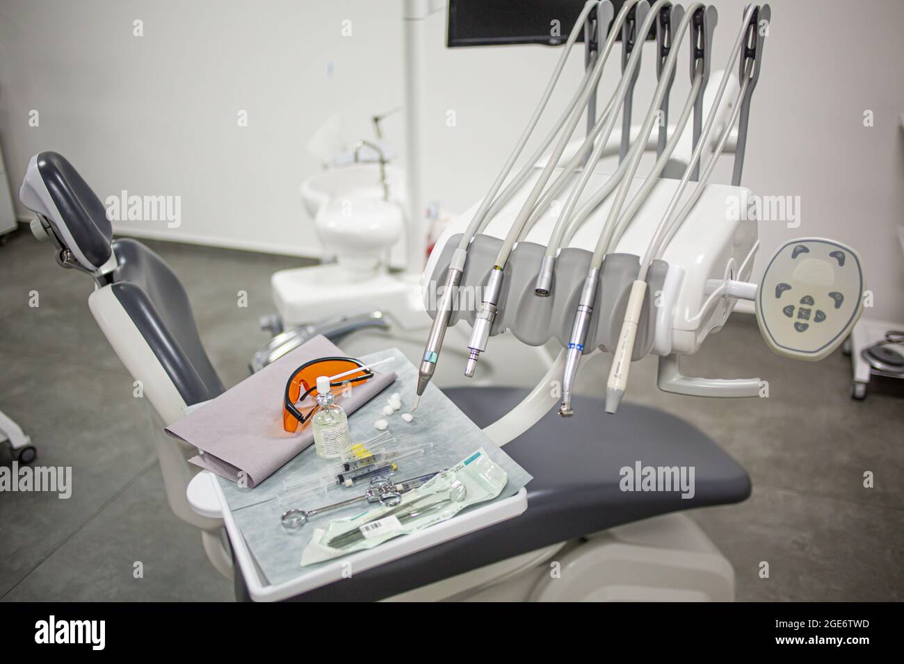 Modern dental clinic cabinet - dentist chair, equipment and tools ...