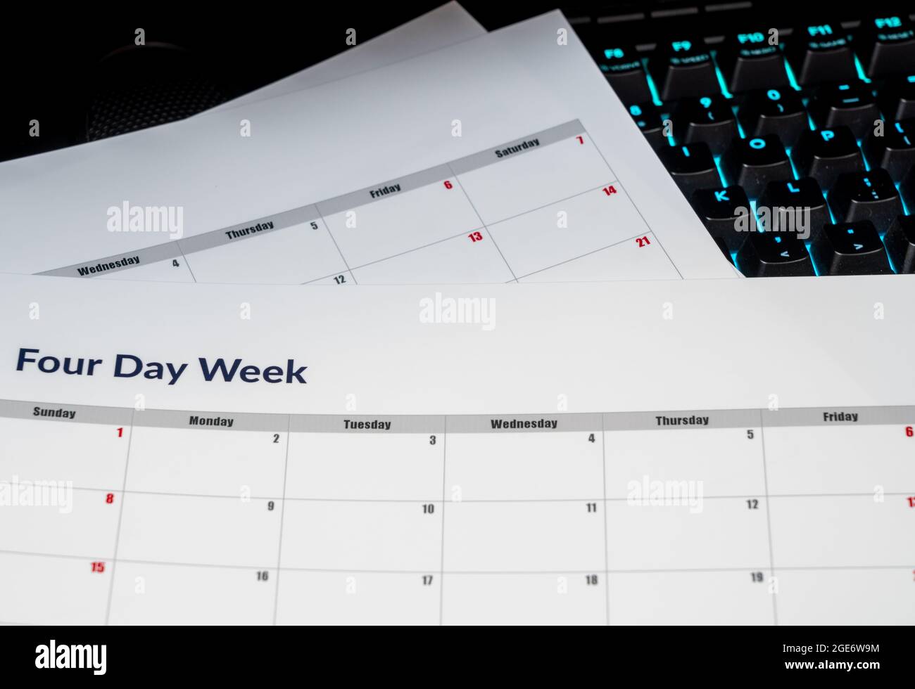 Printed calendar for a 4 day working week showing weekend days in red ...