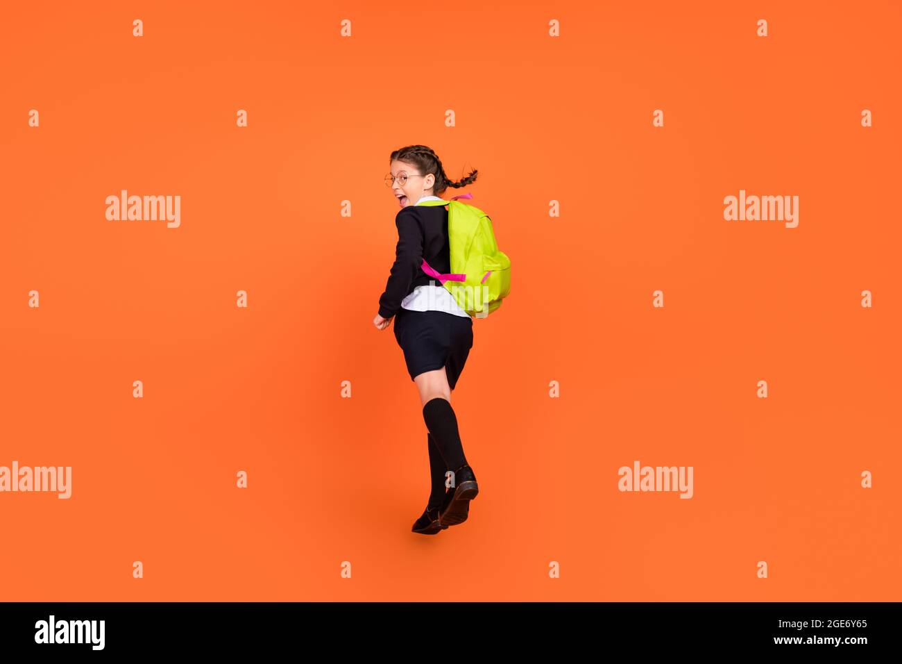 Full length body size rear back behind view of pretty cheerful ...