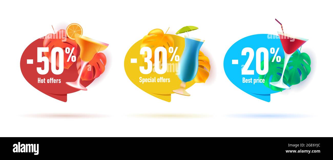 Set of beach bar cocktail discounts stickers or tags with 3d palm ...