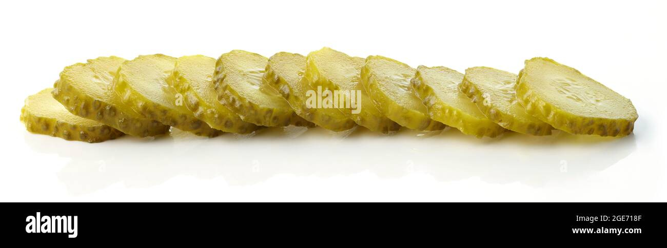 Line of sliced pickled cucumber isolated on white background Stock ...