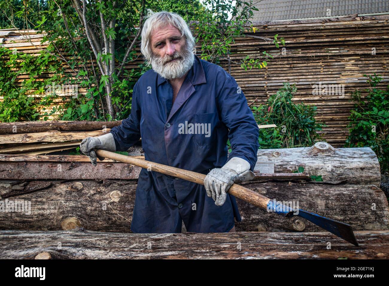 forestry worker with sawmill Stock Photo - Alamy