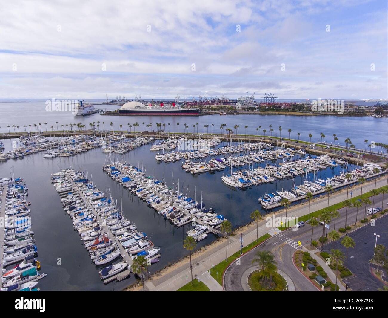 Queen Mary and Long Beach Marina aerial view in harbor of Long Beach ...