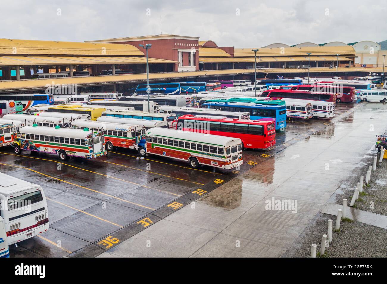 PANAMA CITY, PANAMA - MAY 28, 2016: Buses wait at Albrook Bus Terminal ...