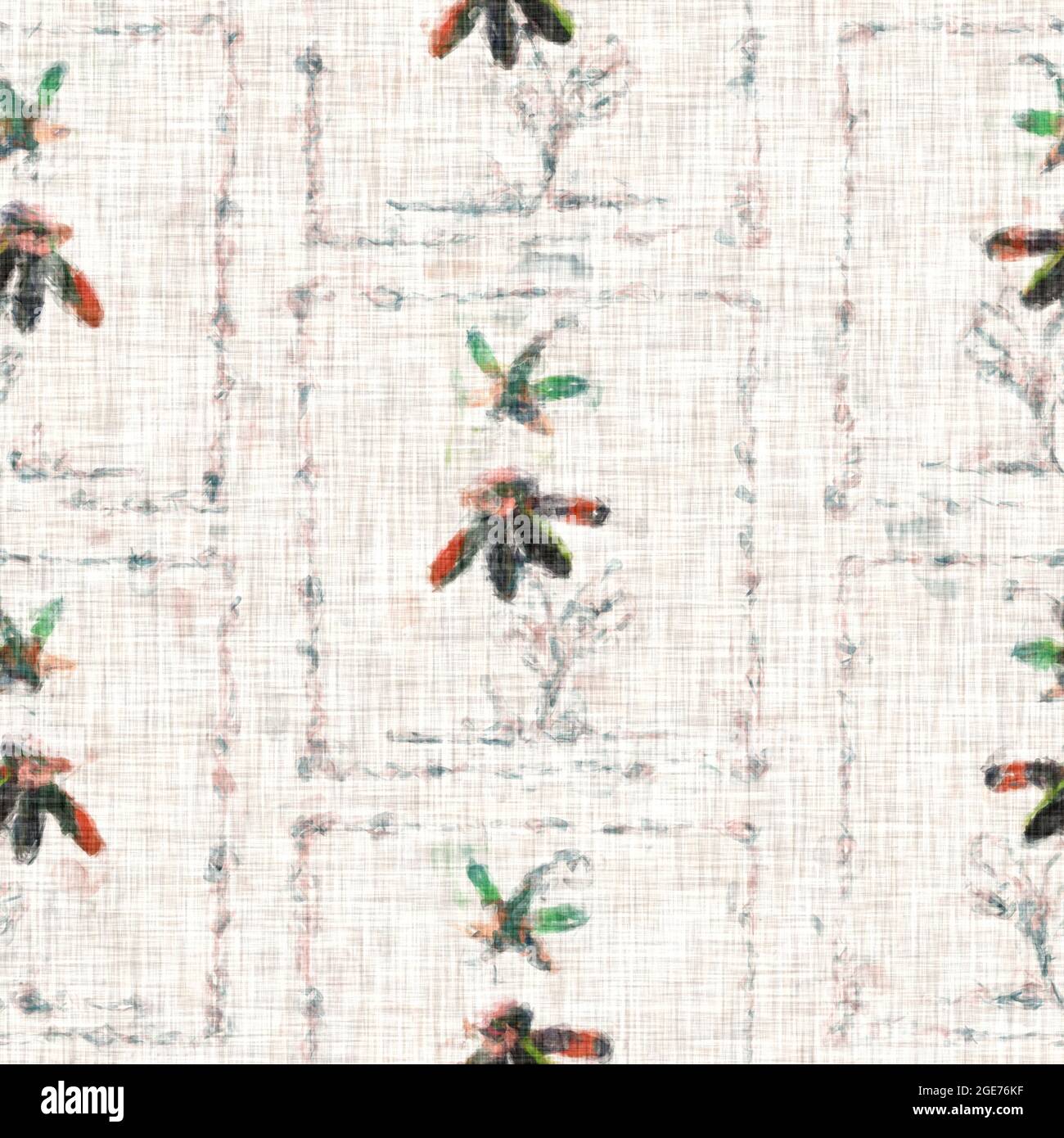 Hand drawn grey flower motif linen texture. Whimsical garden seamless ...