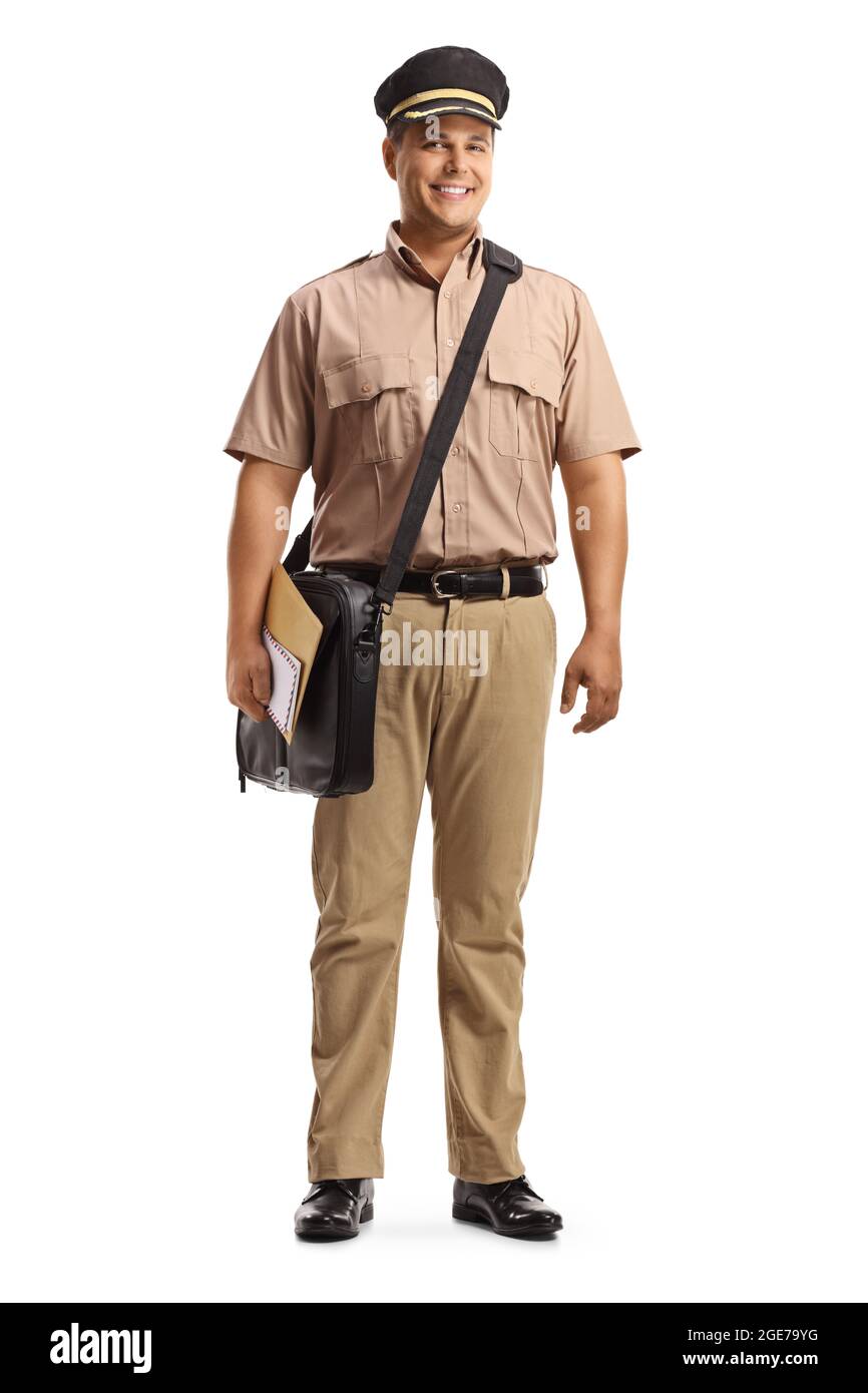 Full length portrait of a mailman with a bag smiling at camera isolated ...