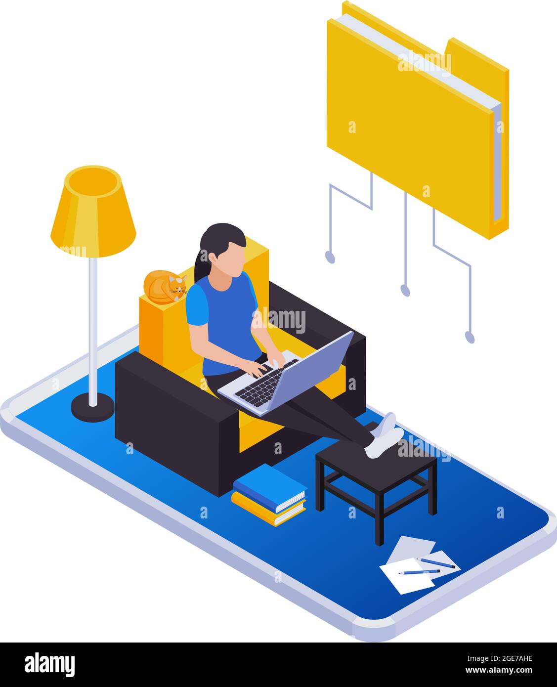 Remote management distant work isometric icons composition with woman ...