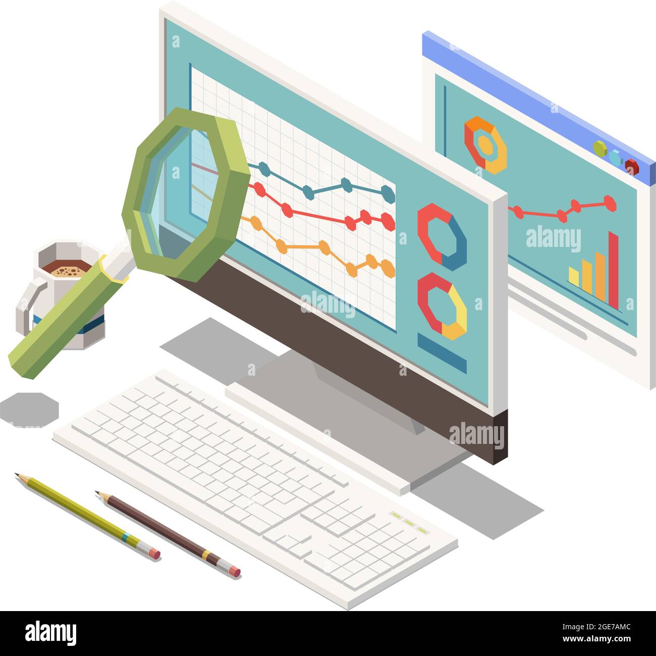 Marketing strategy icon with magnifier and growing bars on computer ...