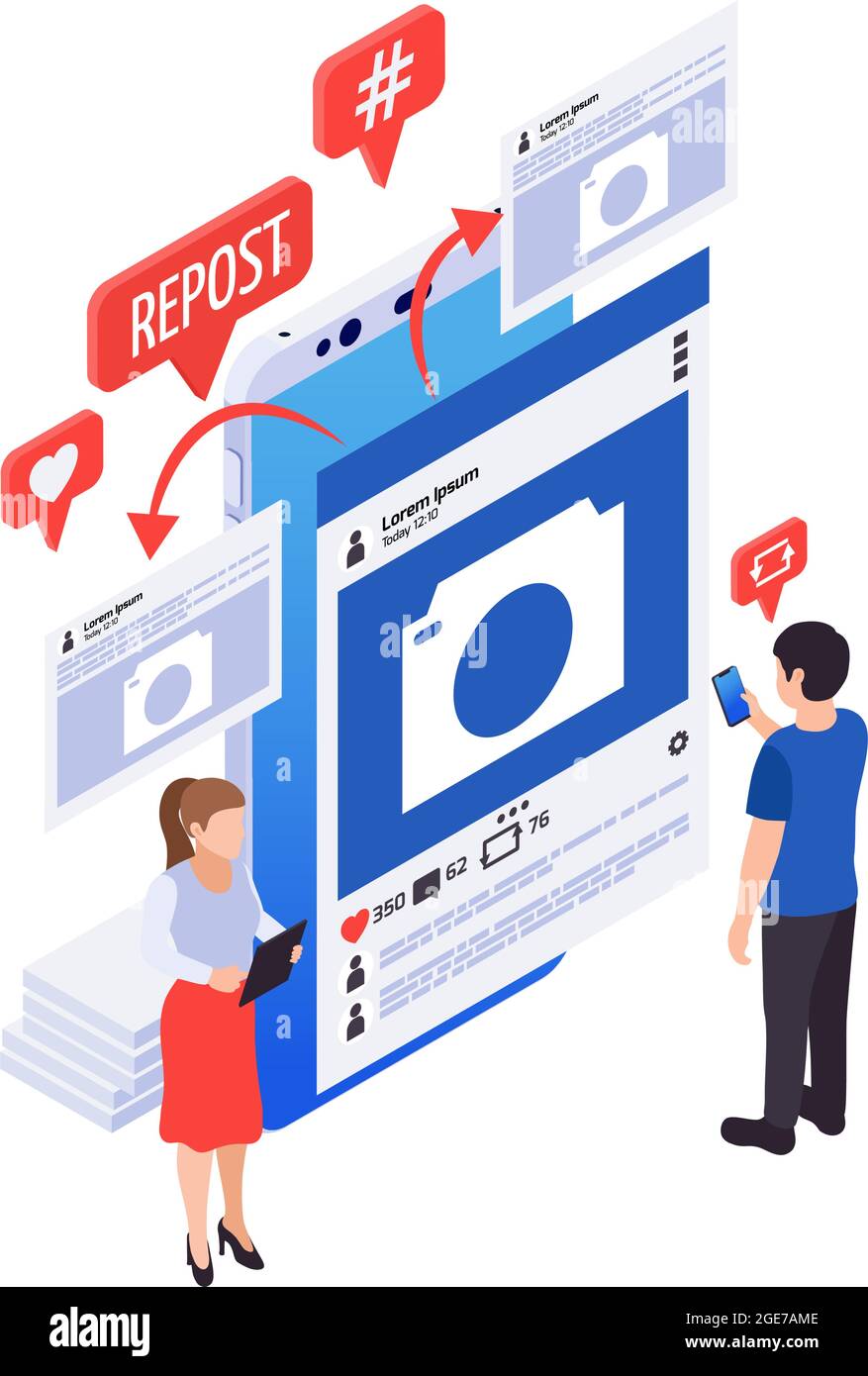 Social media marketing color icon with internet post repost characters ...