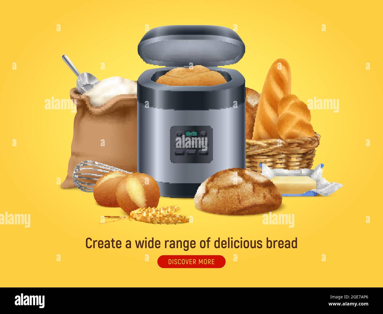 Realistic bread machine background with discover more button text and ...