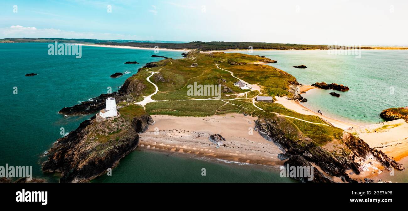 Aerial view of Twr Mawr lighthouse meaning great tower in Welsh on Ynys ...