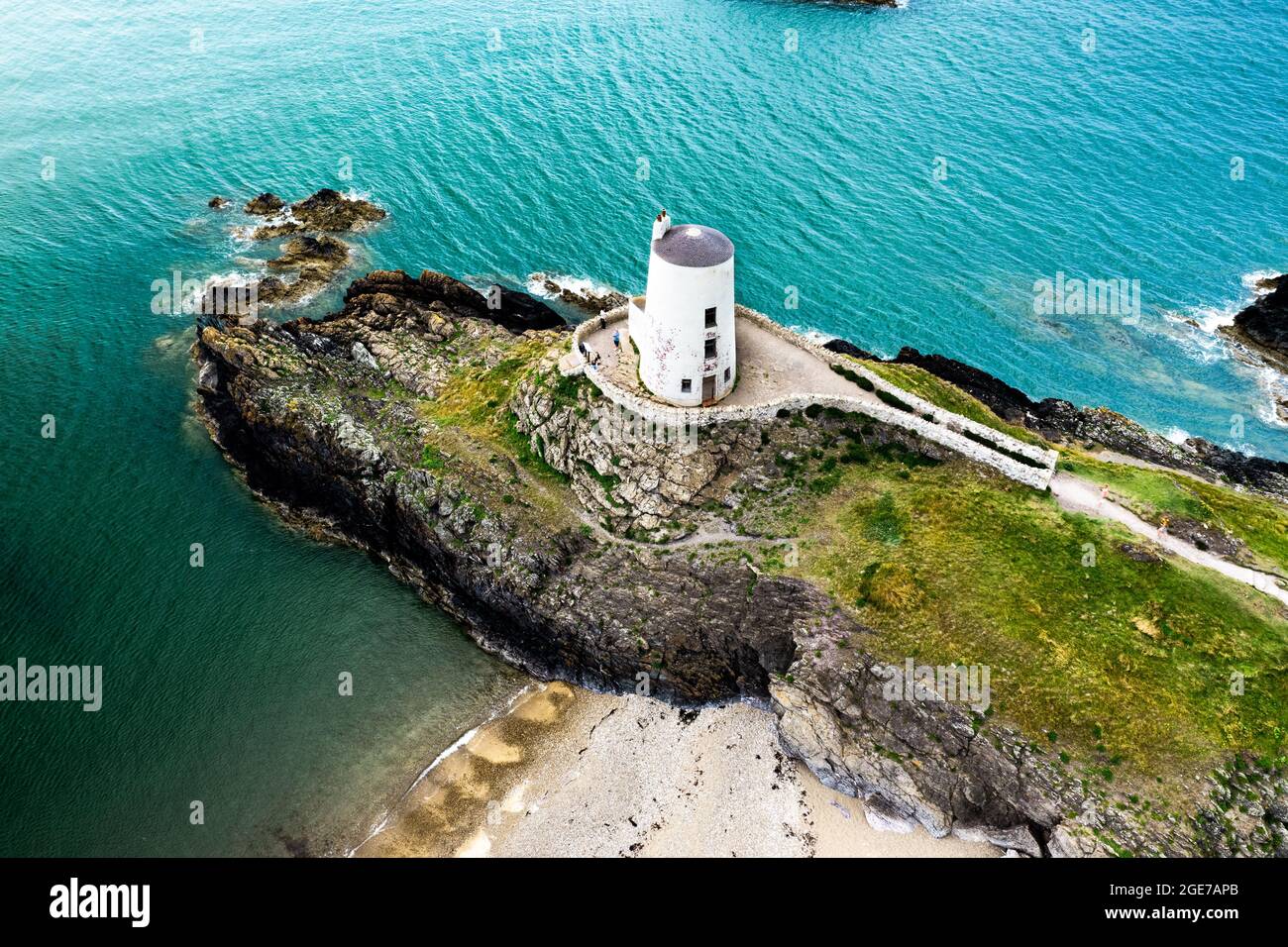 Aerial view of Twr Mawr lighthouse meaning great tower in Welsh on Ynys ...