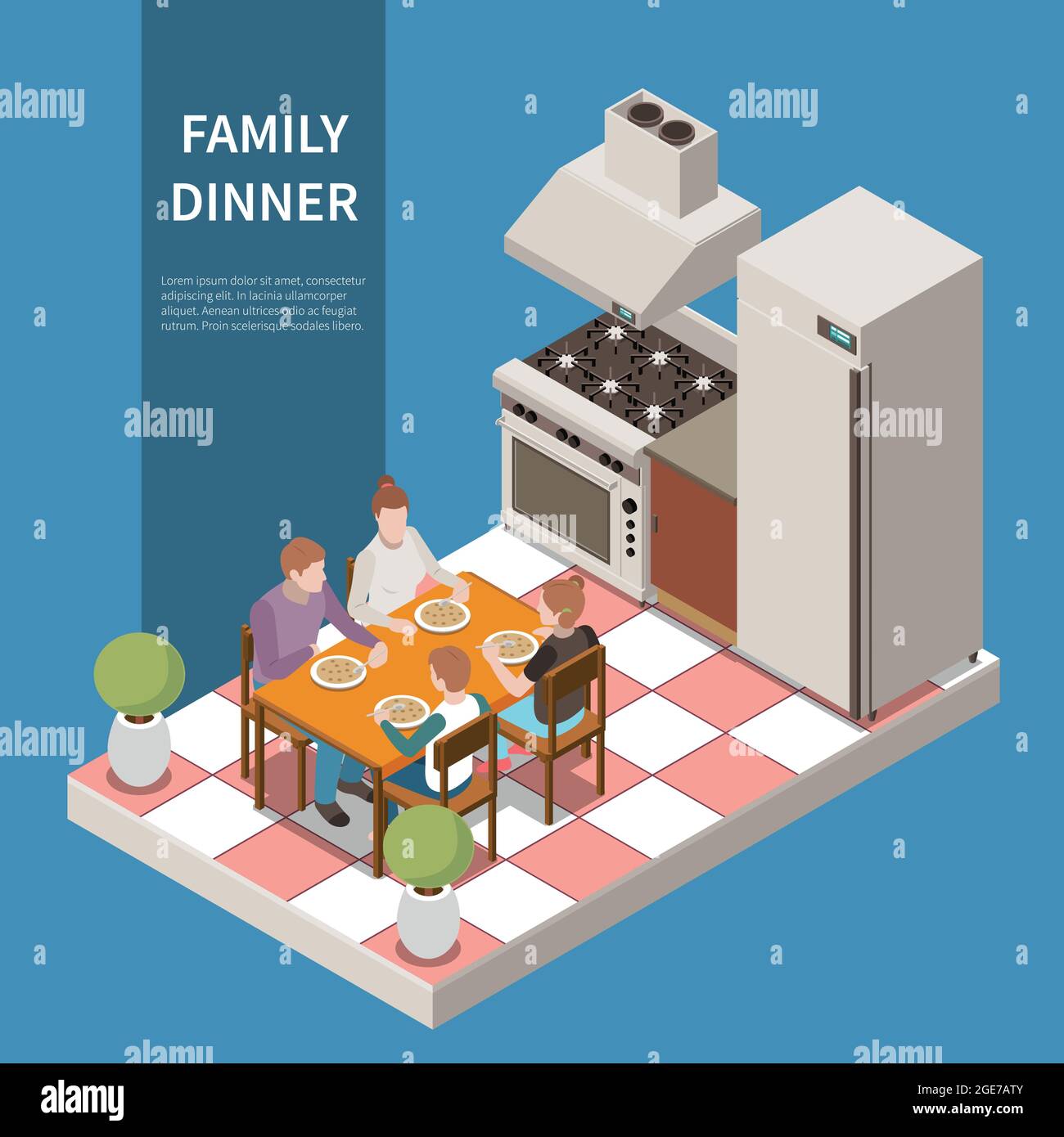 Isometric family leisure playing composition with family dinner ...