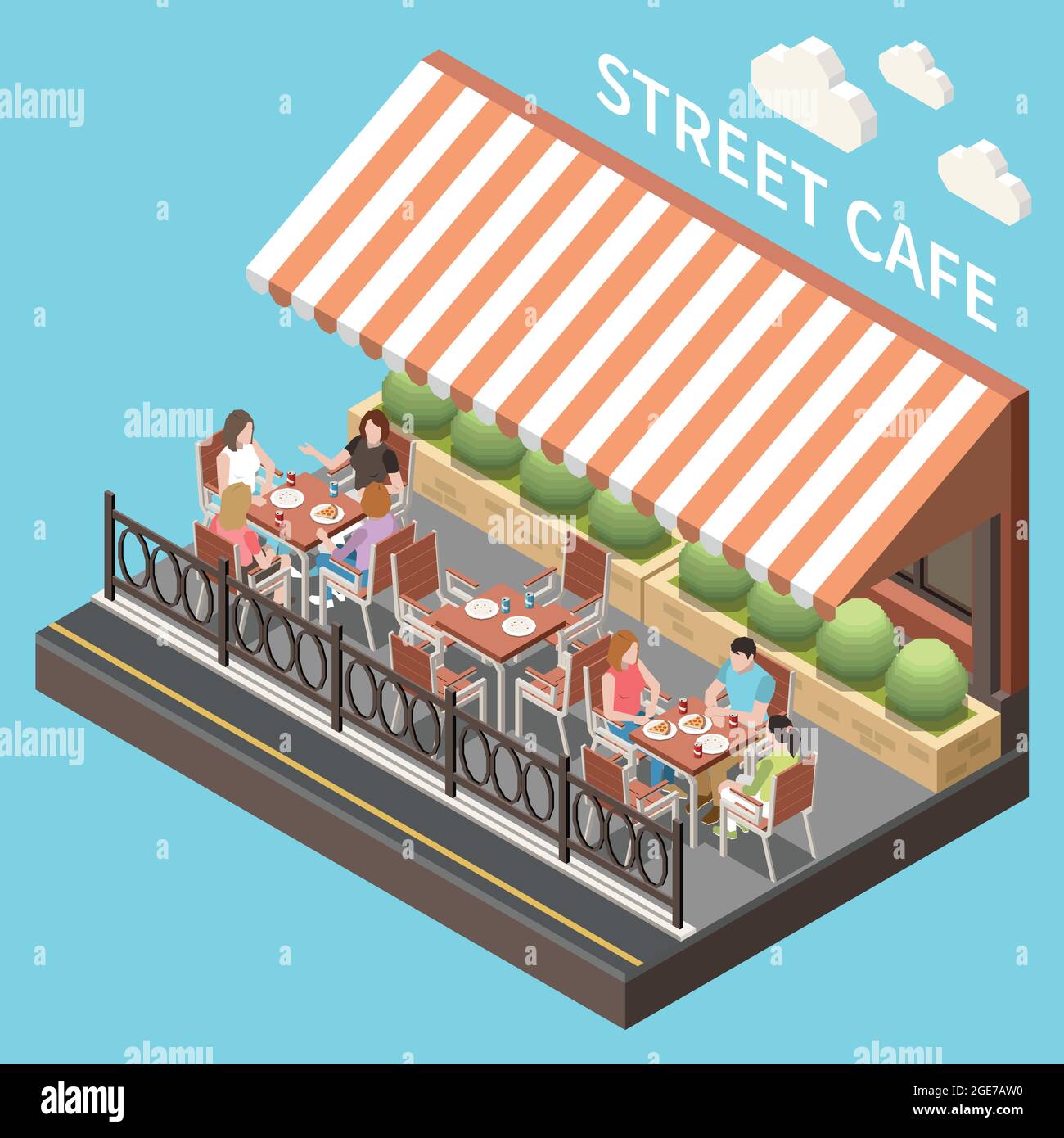 Colored and isometric street cafe terrace composition open summer ...