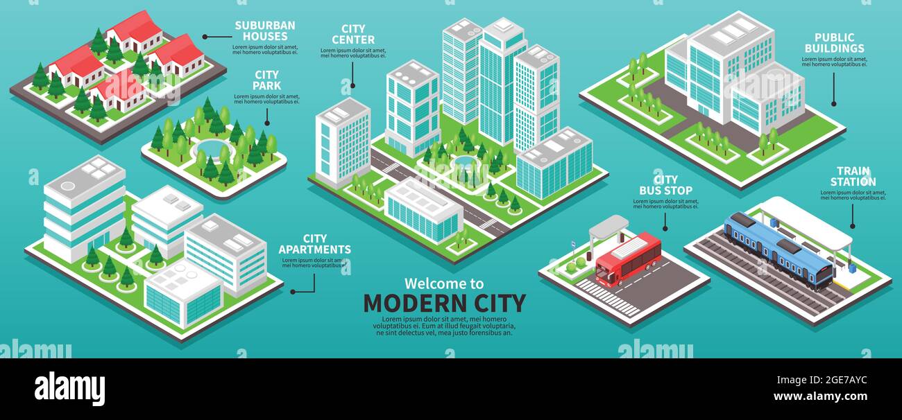 Isometric industrial city infographics with text captions arrows and ...
