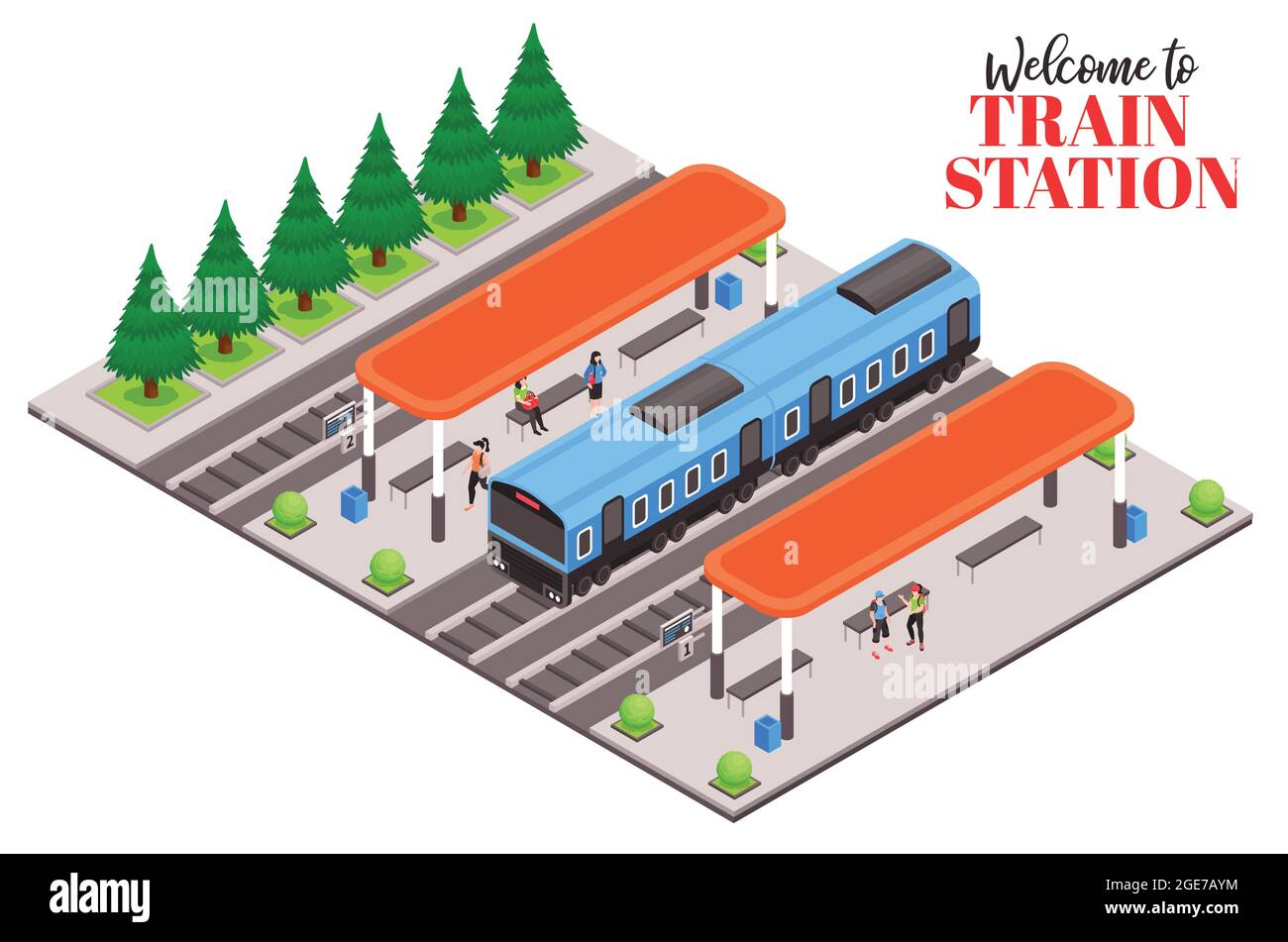 Isometric city train station with text and view of train platforms with ...