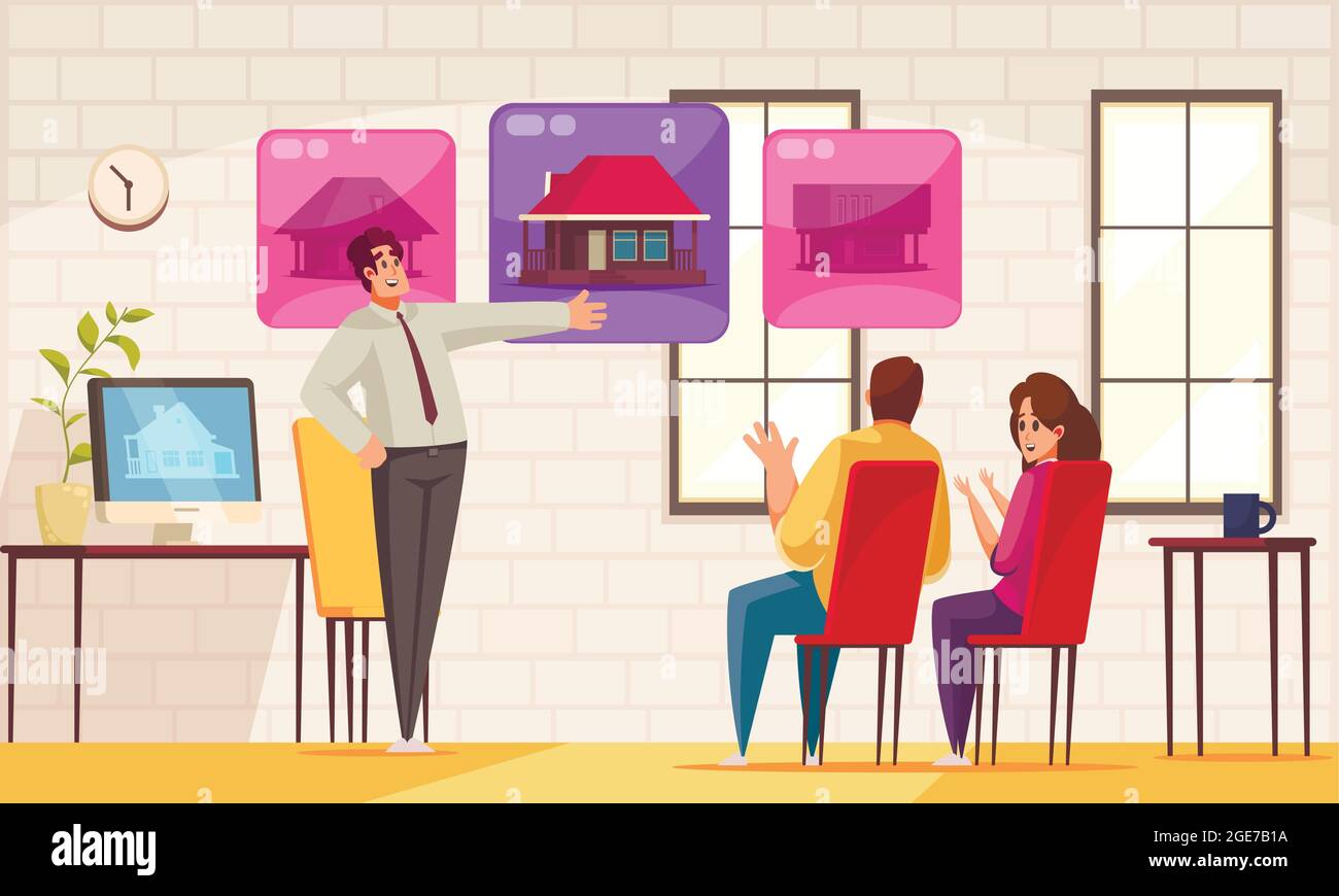 Real estate agency interior flat composition with realtor helping ...