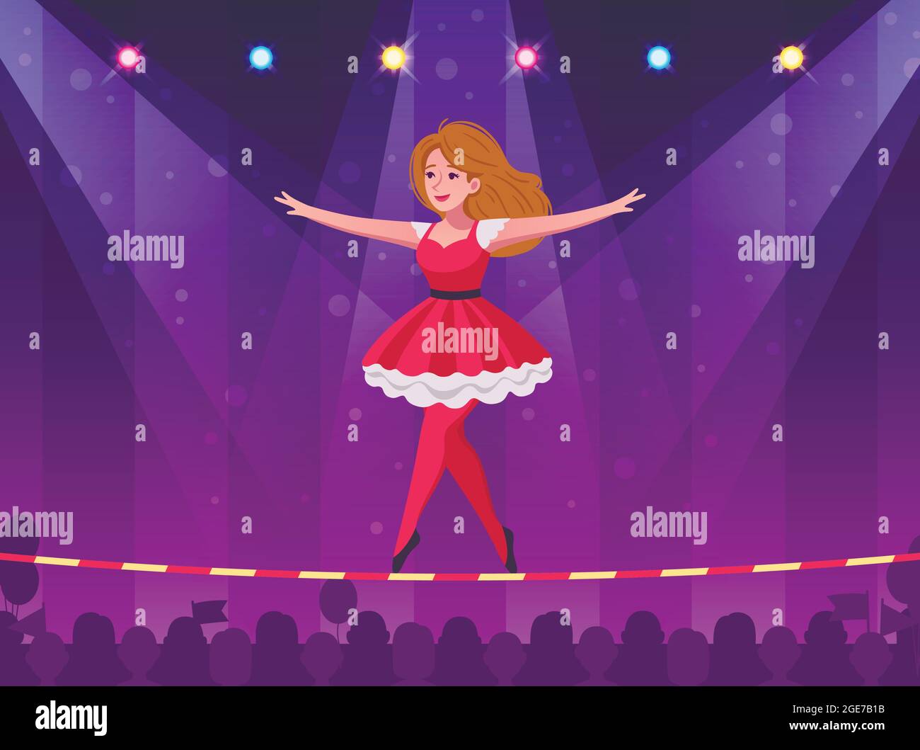 Circus cartoon background with air gymnasts program symbols vector ...