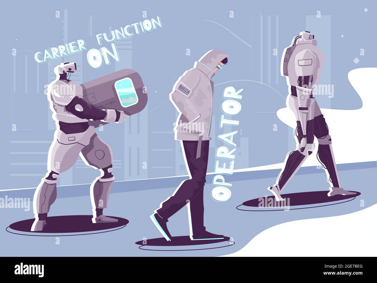 Robot people flat composition with characters of walking androids with ...