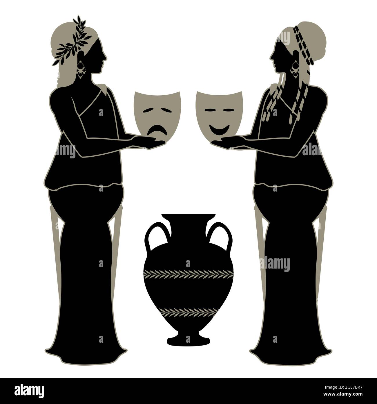 Two girls dressed in ancient Greek style, holding theatrical masks of ...