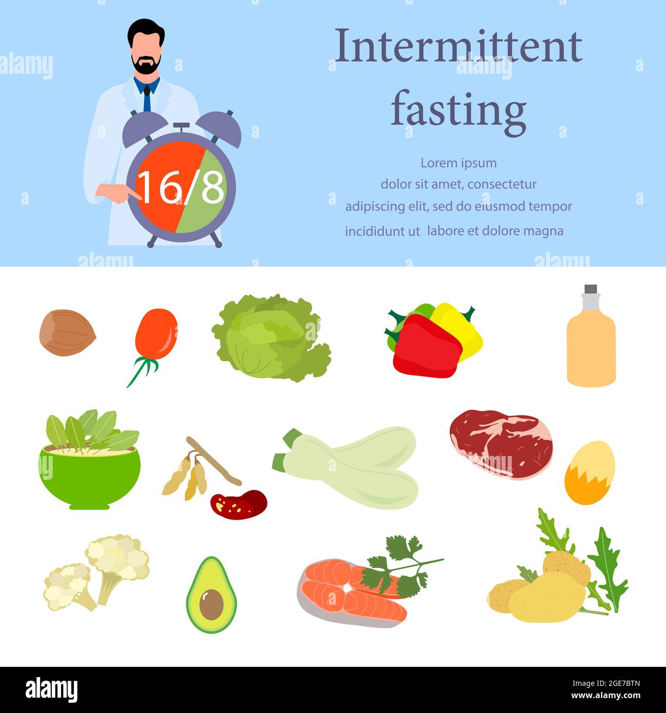 Vector illustration Nutrition Consultant explains Intermittent Fasting ...