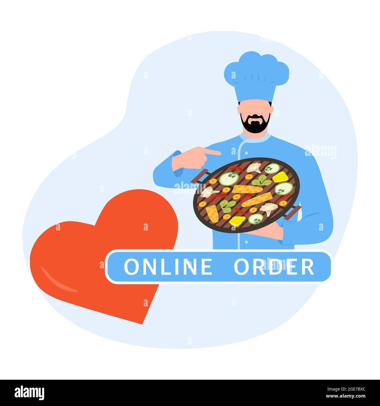Vector illustration Online order. Chef offers to grill food. Ordering ...