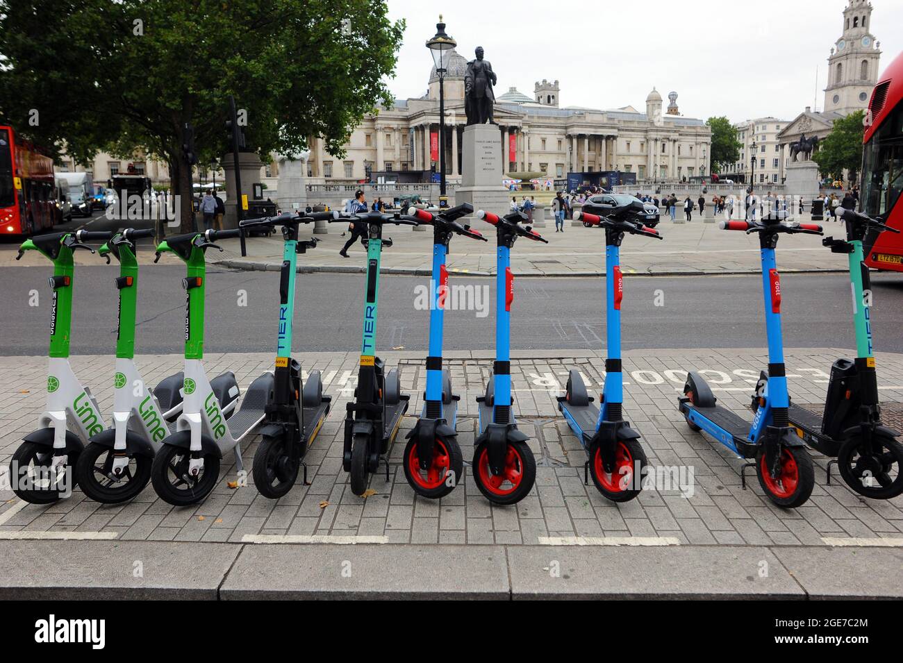 London, UK. e-scooter hire dock. Trafalgar Square in London West End ...