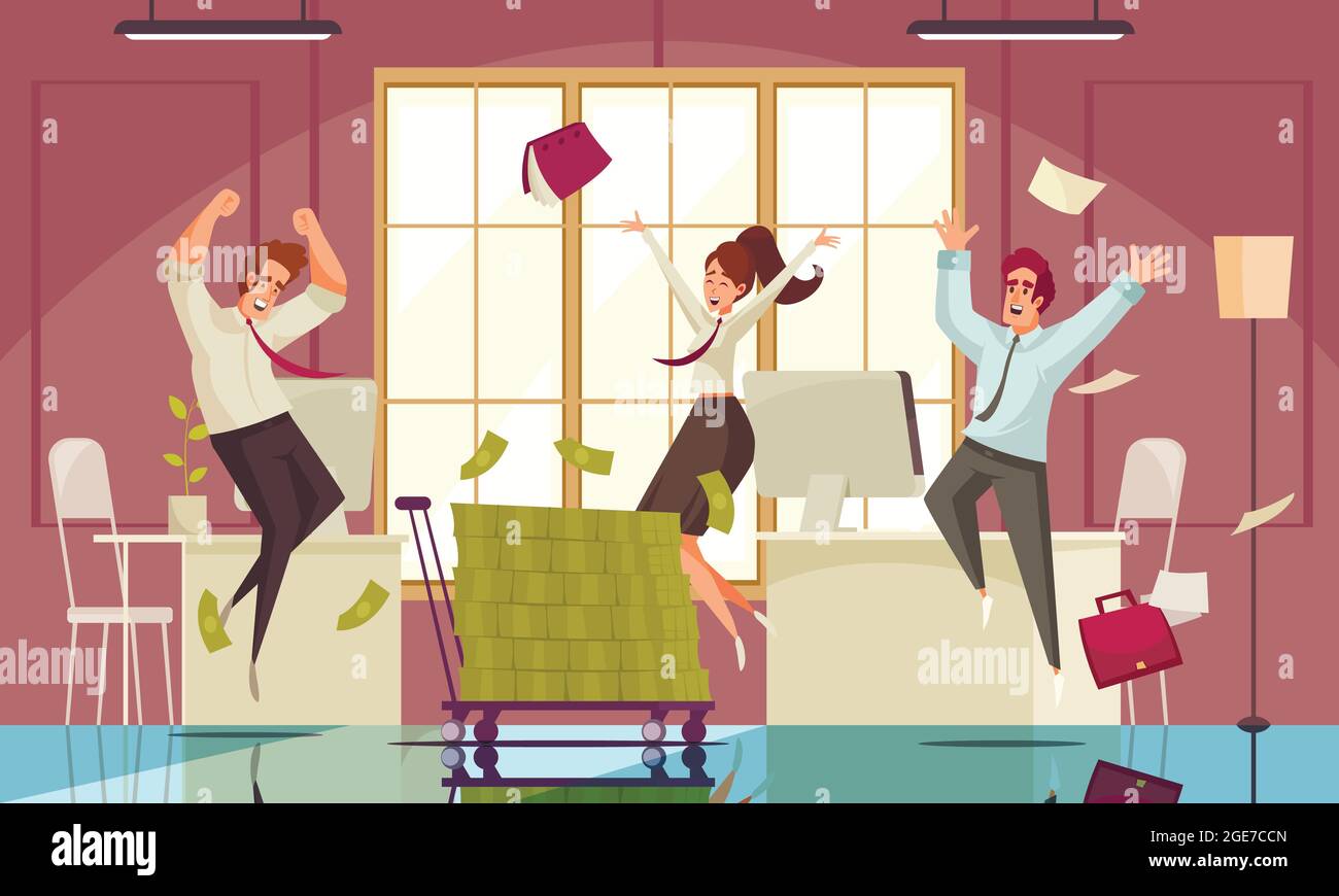 Joyful jumping people background with success at work symbols flat ...