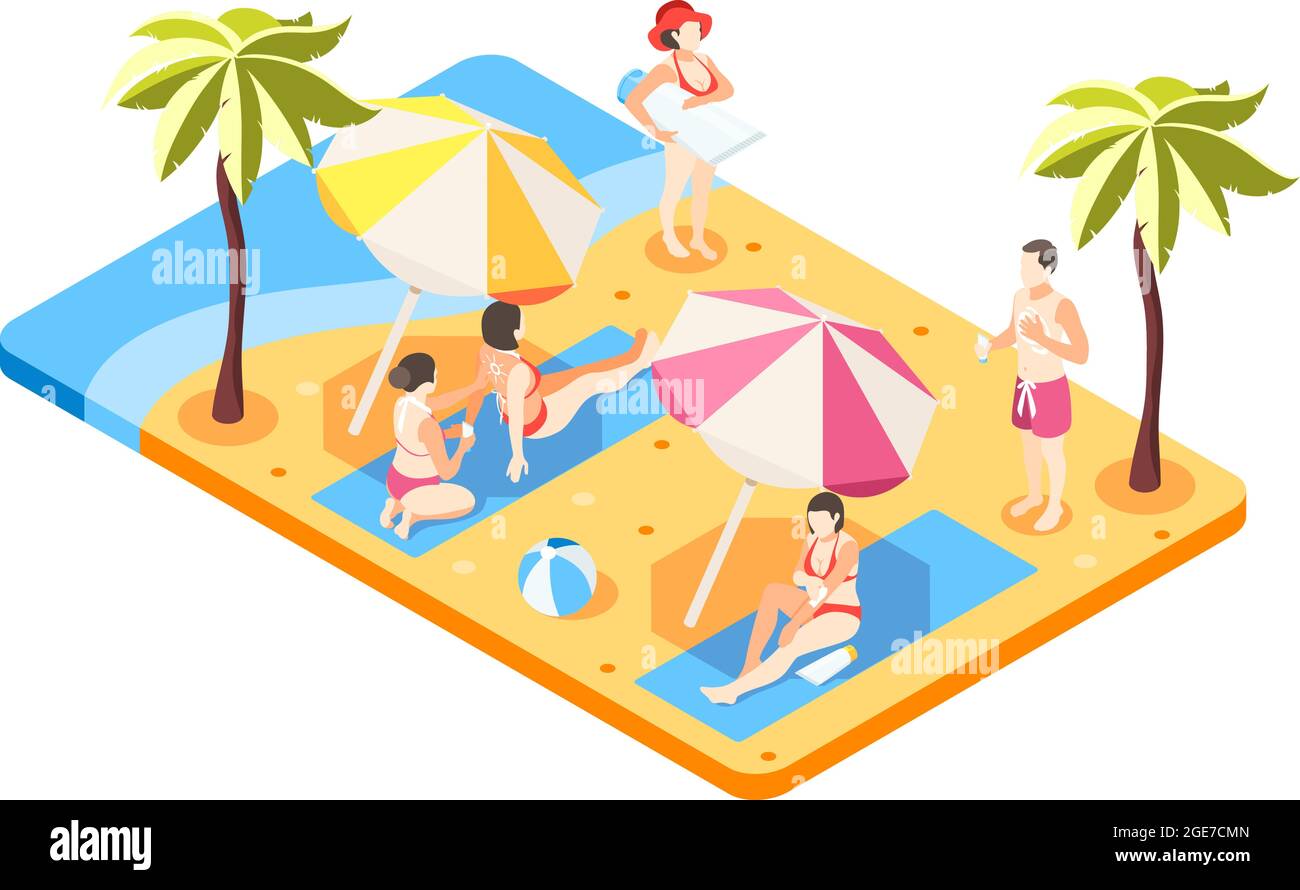 Sunscreen isometric composition with view of sandy beach with palms ...