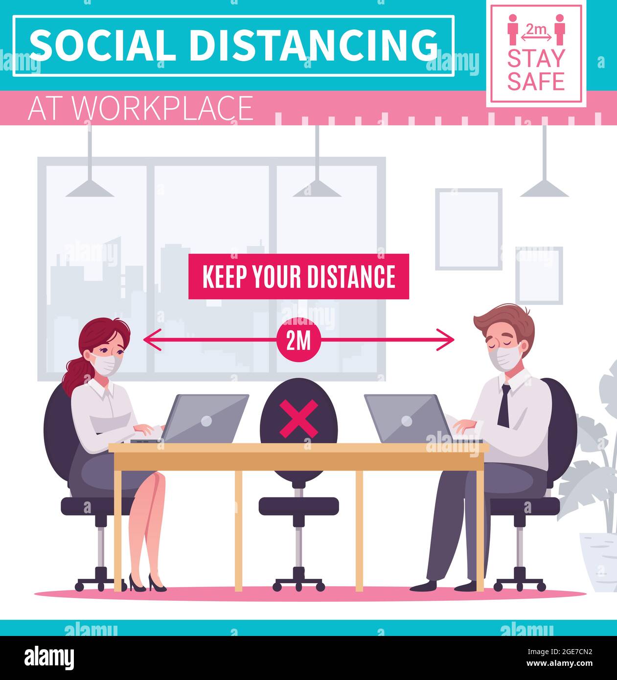 Cartoon infographics with people keeping social distancing at work ...