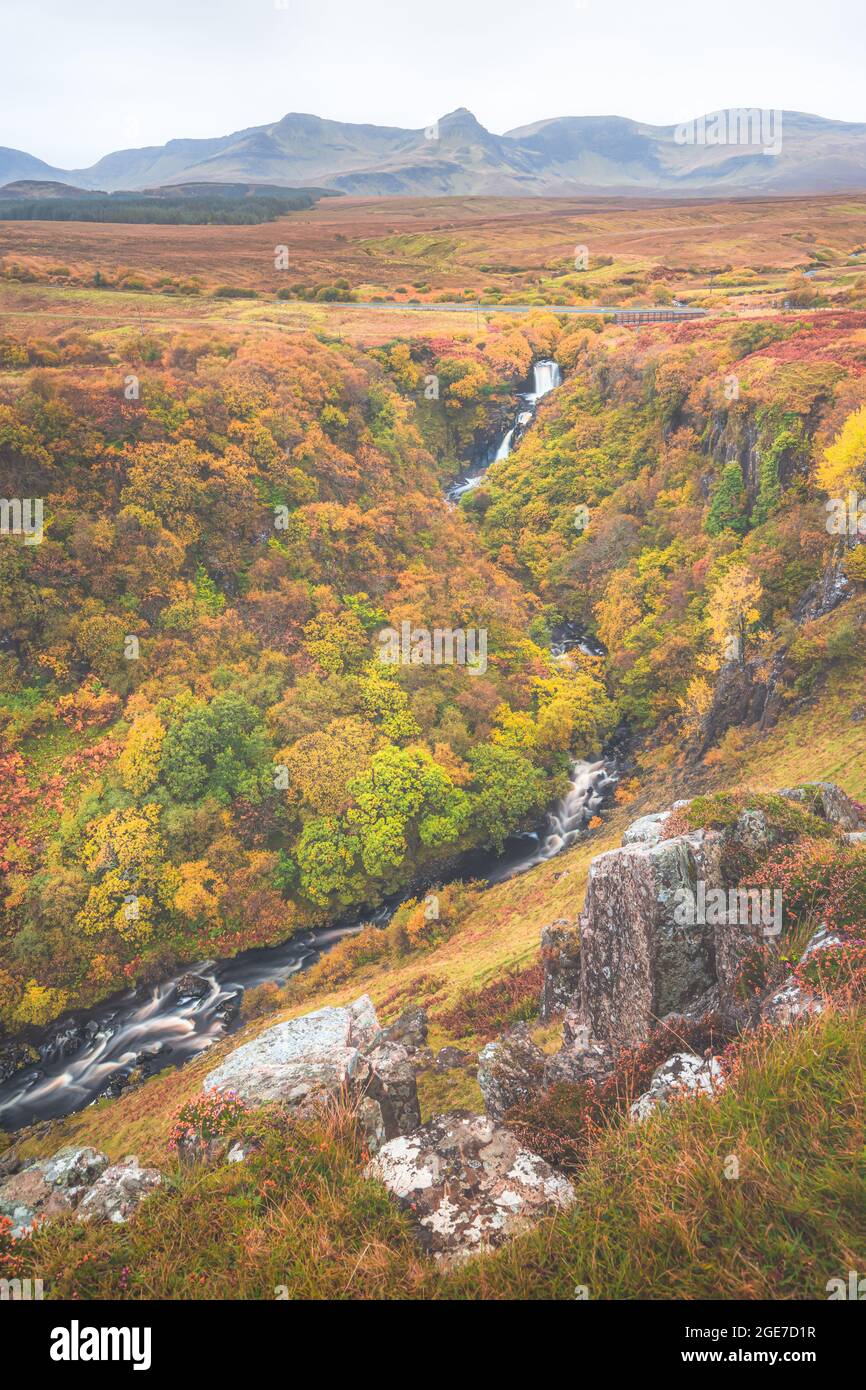 Scenic landscape view of Lealt Falls gorge ravine with vibrant ...