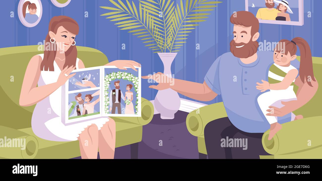 Family photo background with photo book symbols flat vector ...