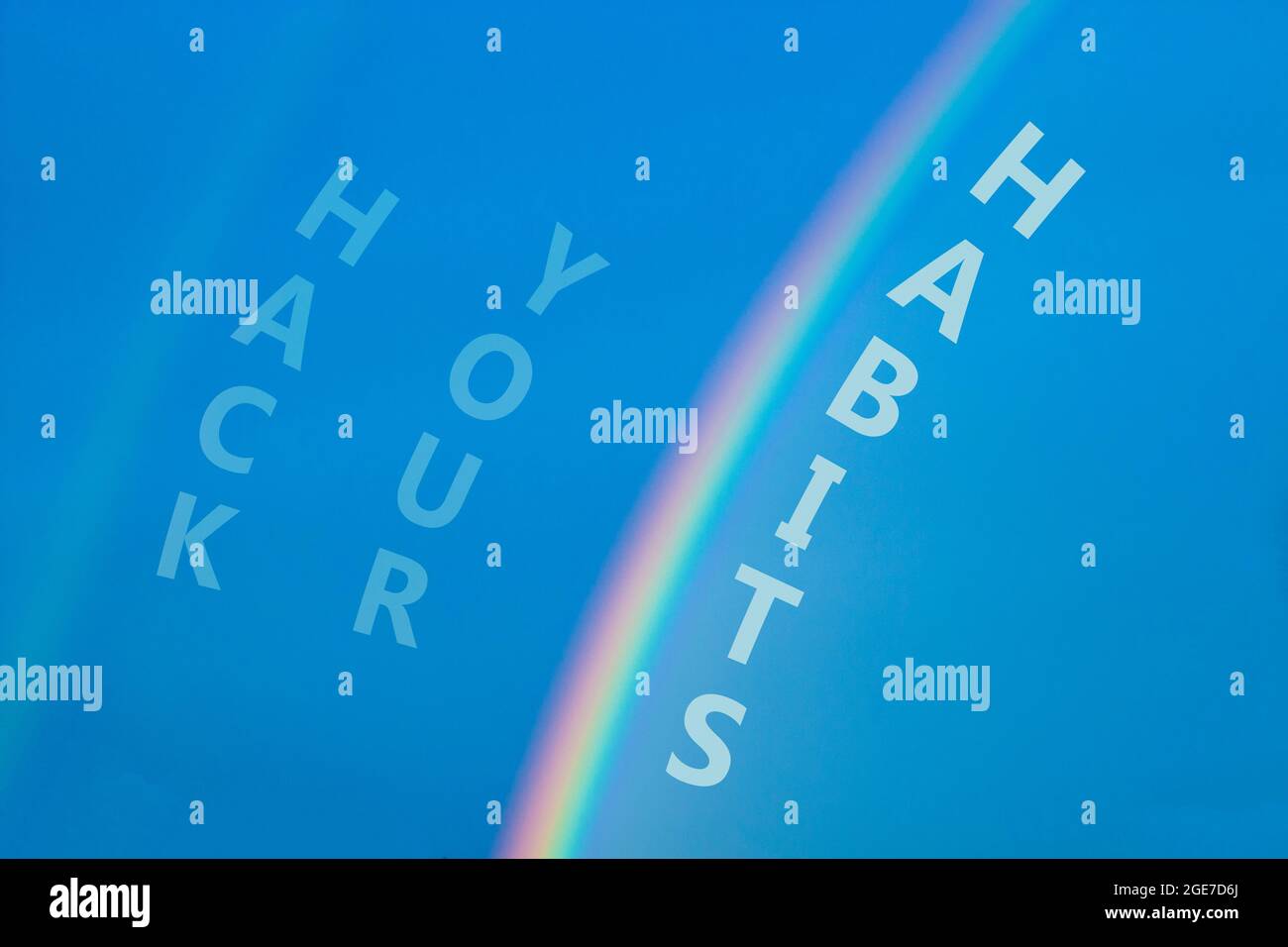 Hack your habits symbol. Rainbow in the blue sky. Words Hack your ...