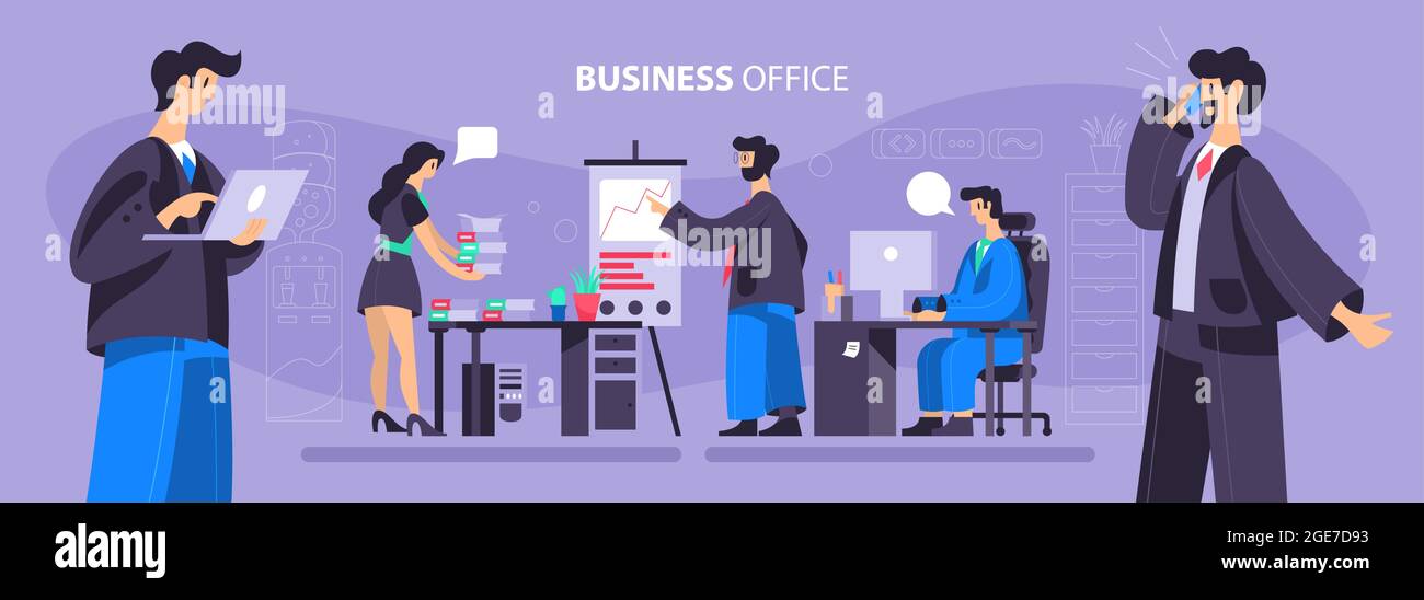 Business office flat composition with secretary bringing documents ...