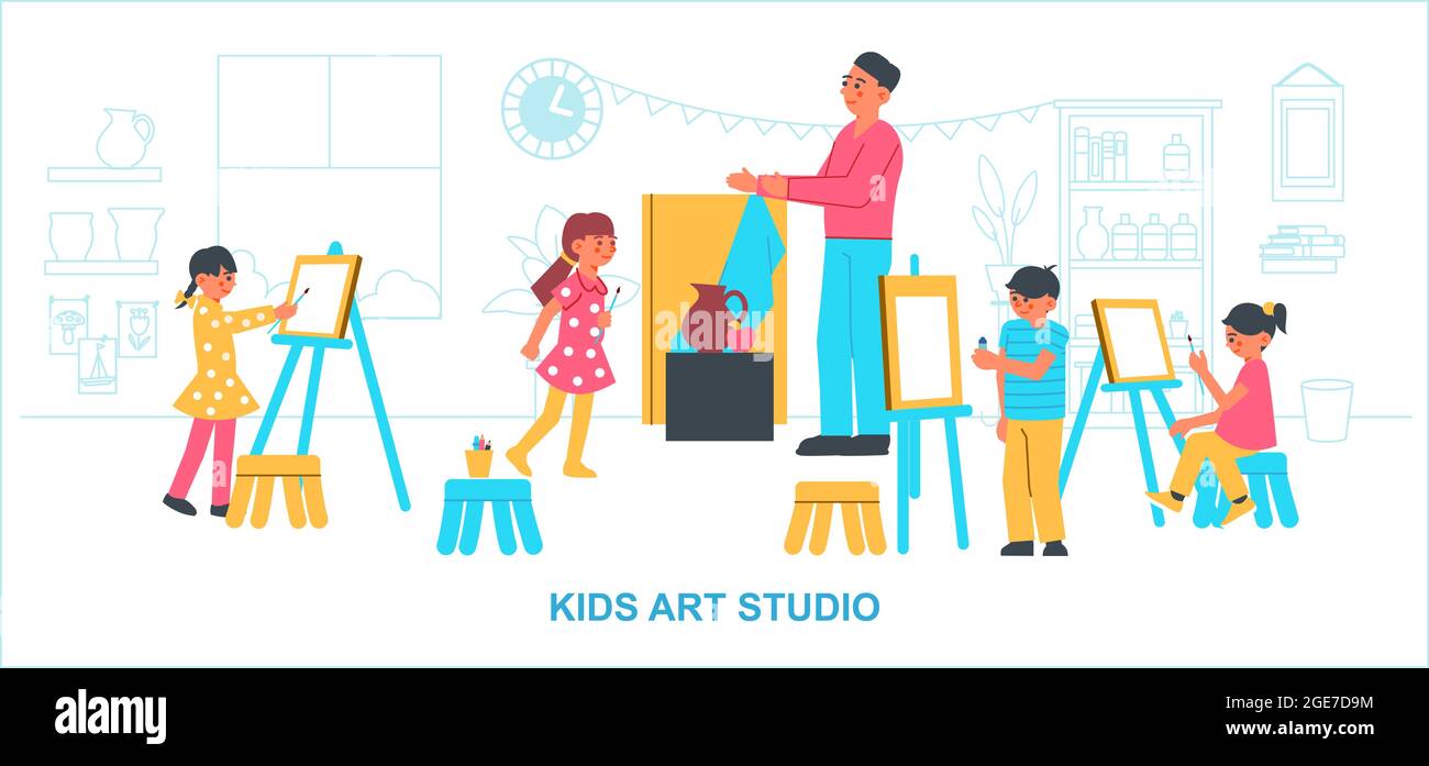 Artist creative studio kids composition with indoor scenery and ...