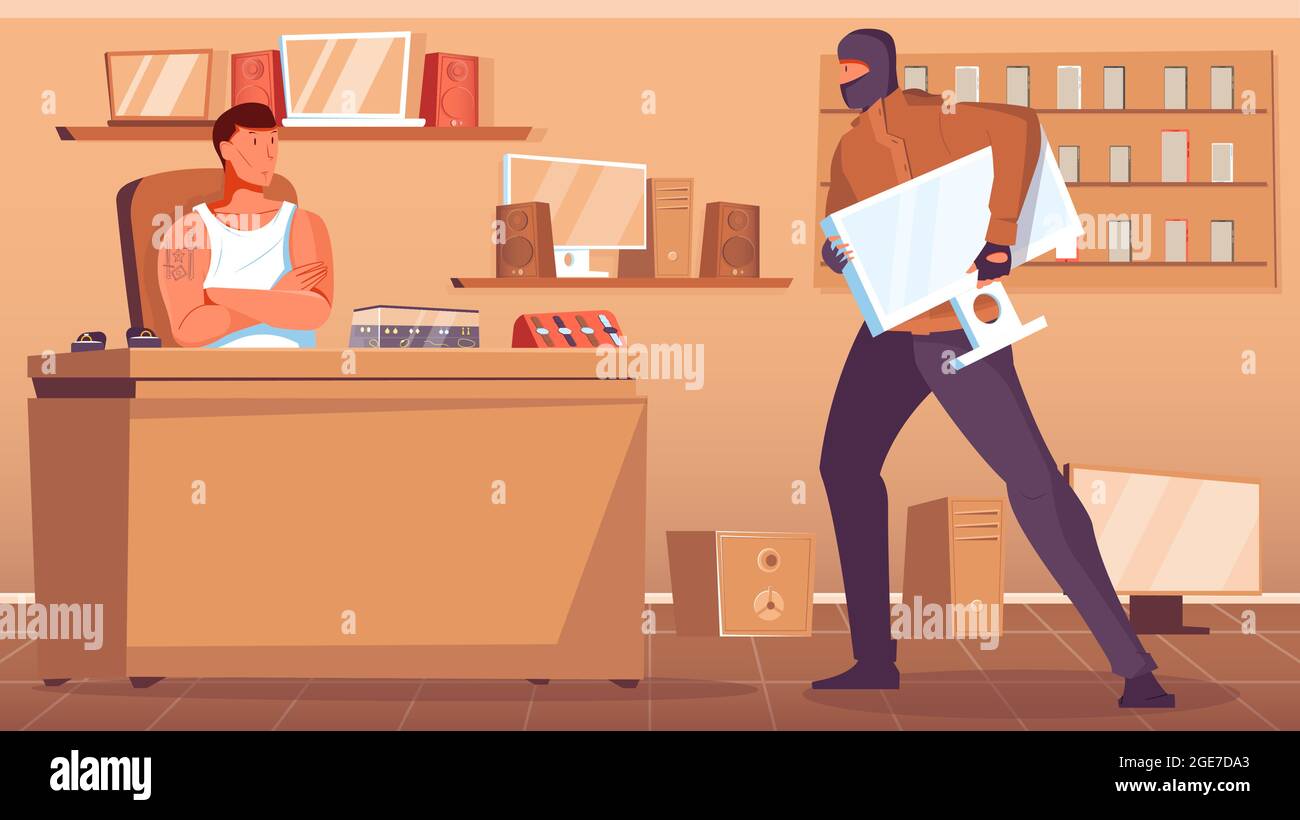 Thief in black mask robbing pawnshop flat vector illustration Stock ...