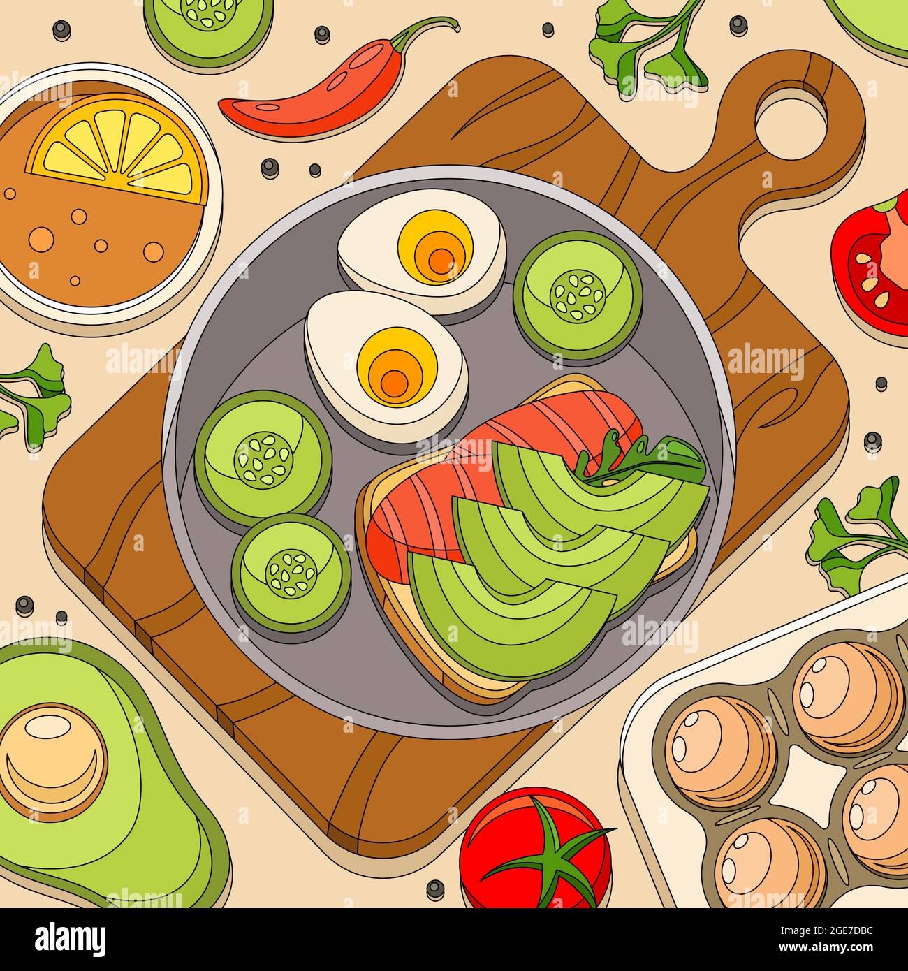 Coloring breakfast sandwich composition with top view of dining table ...