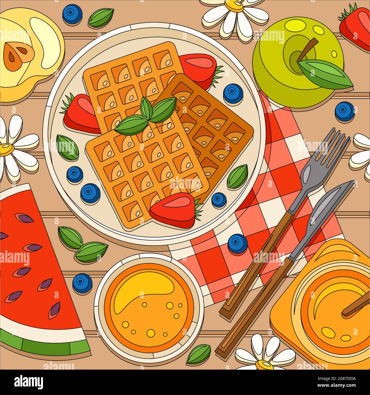 Coloring breakfast waffles composition with top view of wooden dining ...