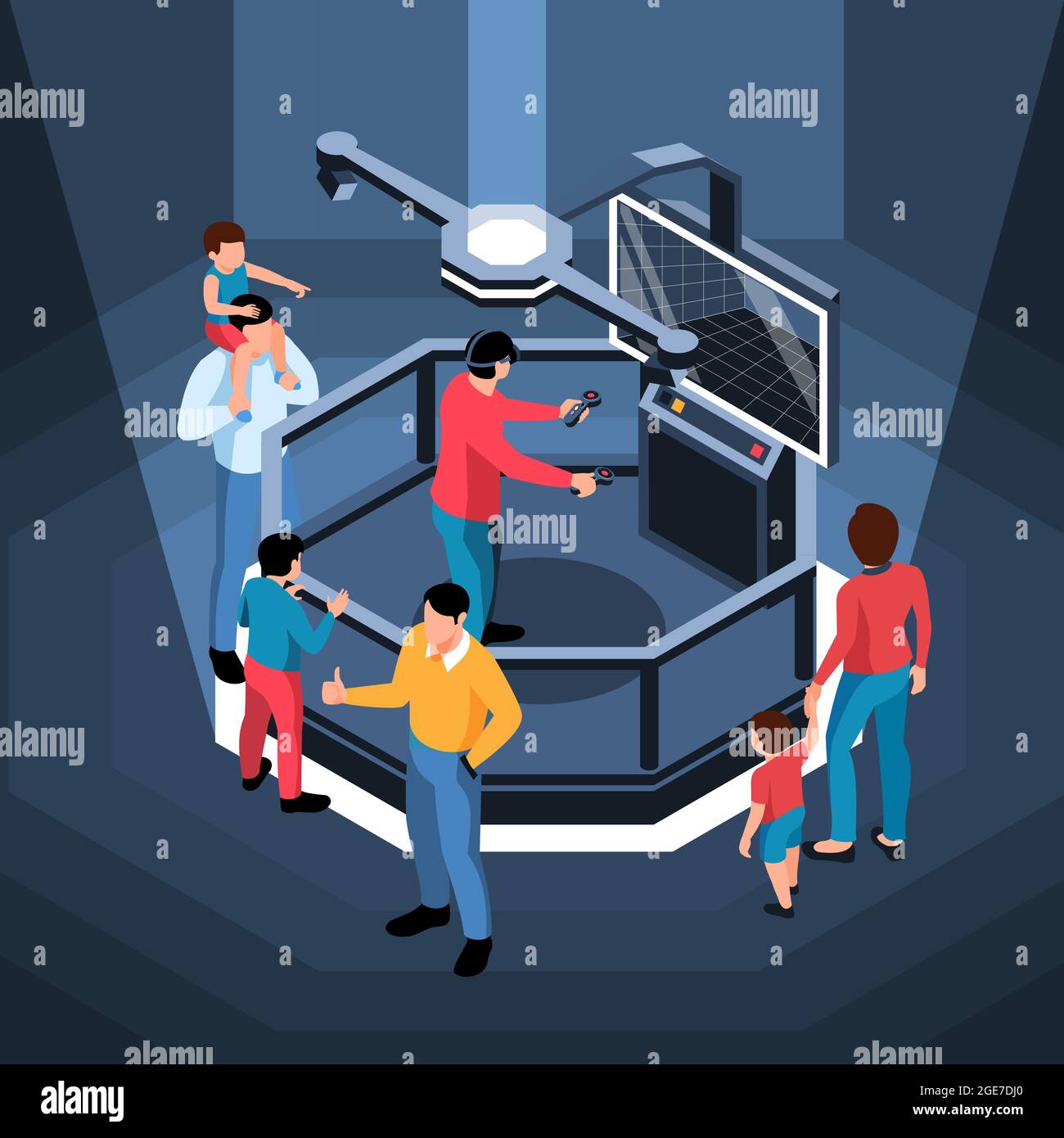 Virtual reality simulator with people around it and man in glasses ...